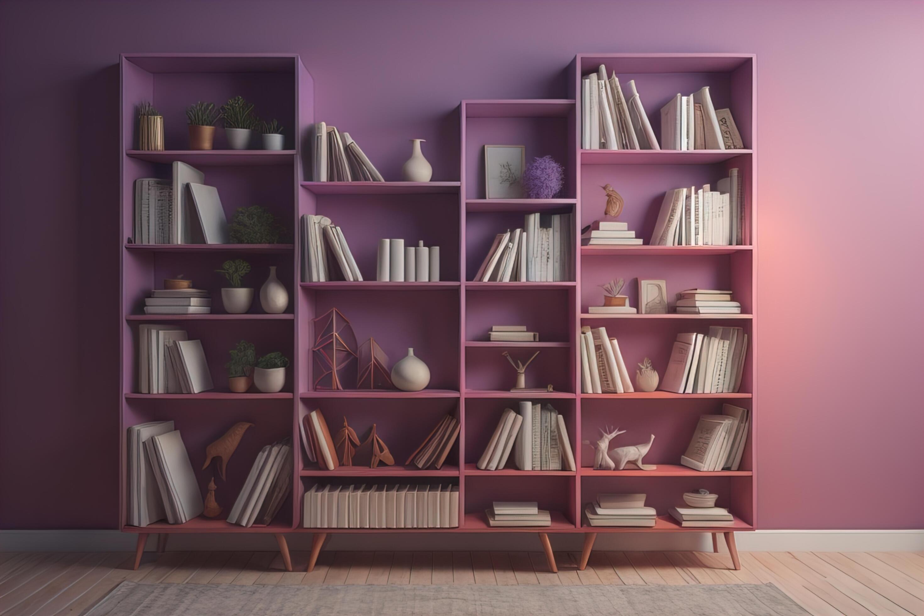 Bookshelf with books in purple interior. 27030849 Stock Photo at Vecteezy