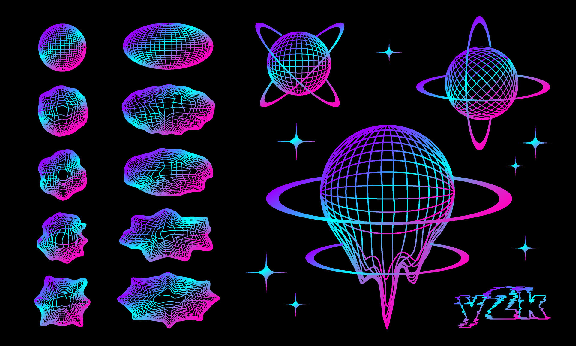 retro wireframes colocar, colección de 2000 y2k nostálgico elementos, futurista formas y ...