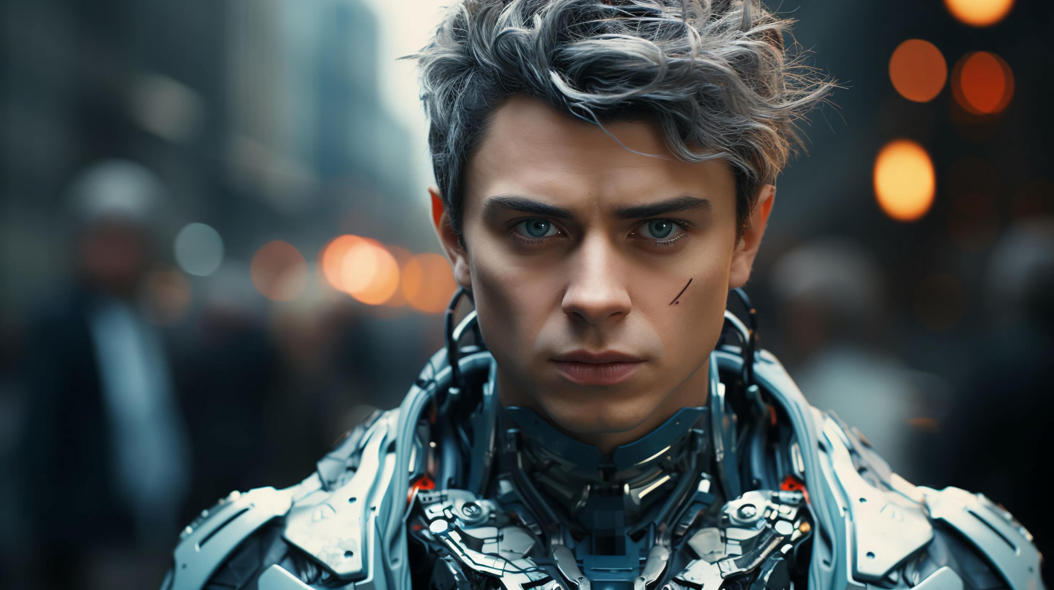 Connection male human and artificial intelligence robot. The concept of ...