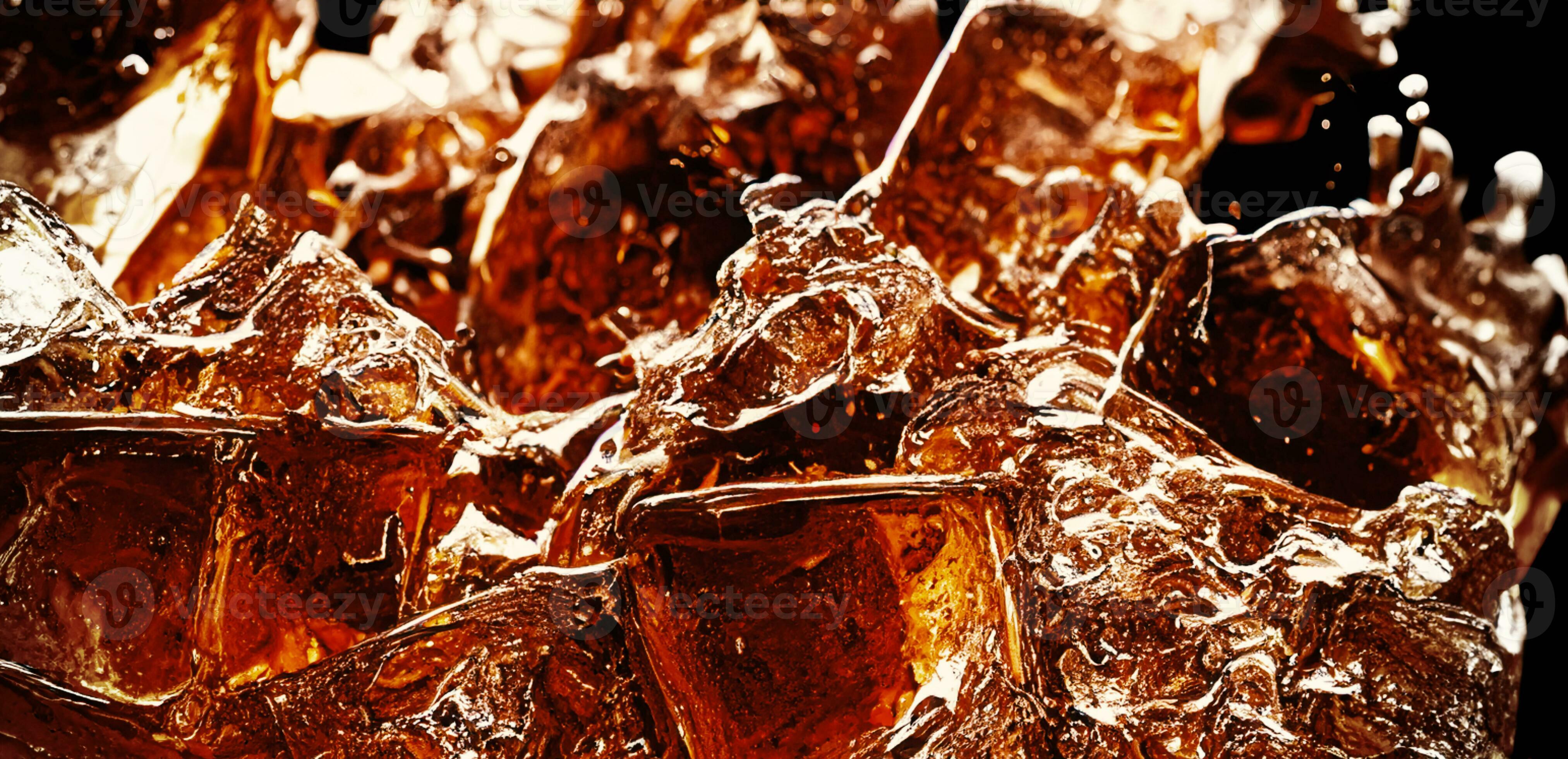 Cola with Ice. Close up of the ice cubes in cola water. Texture of carbonate drink with bubbles ...