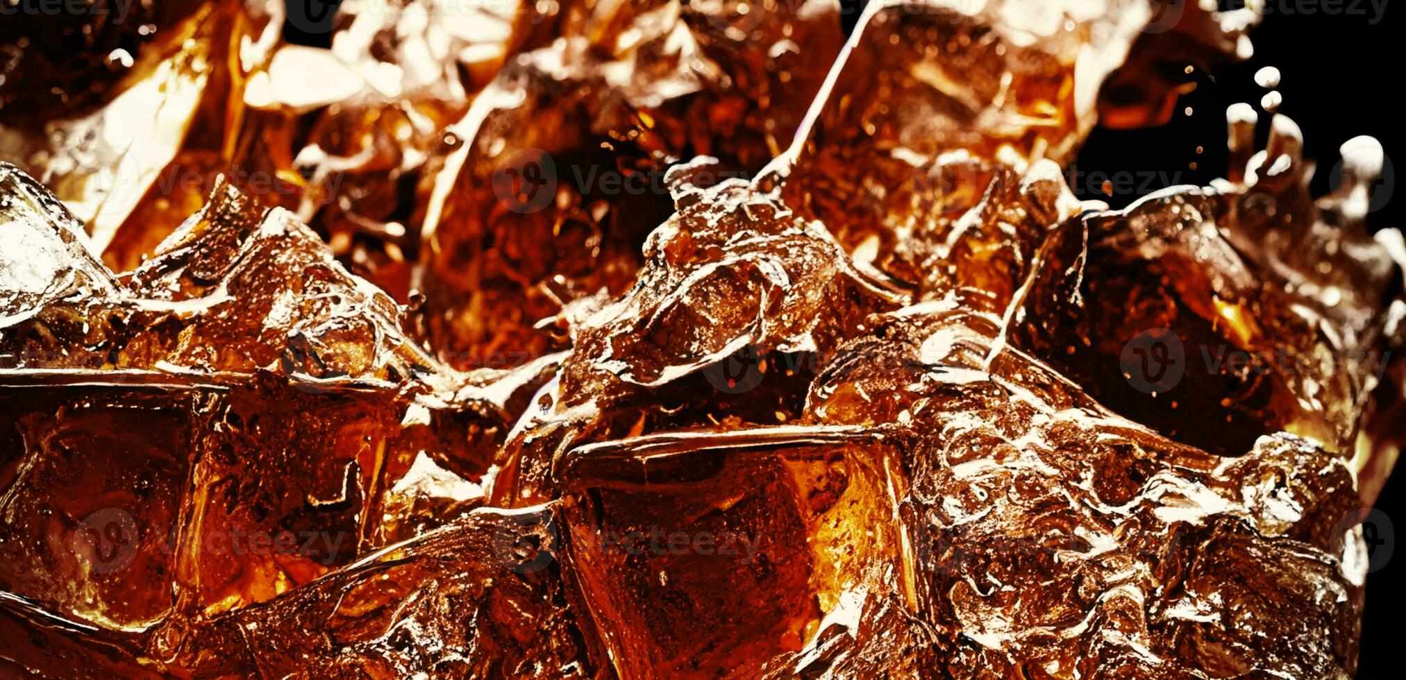 Cola with Ice. Close up of the ice cubes in cola water. Texture of carbonate drink with bubbles ...