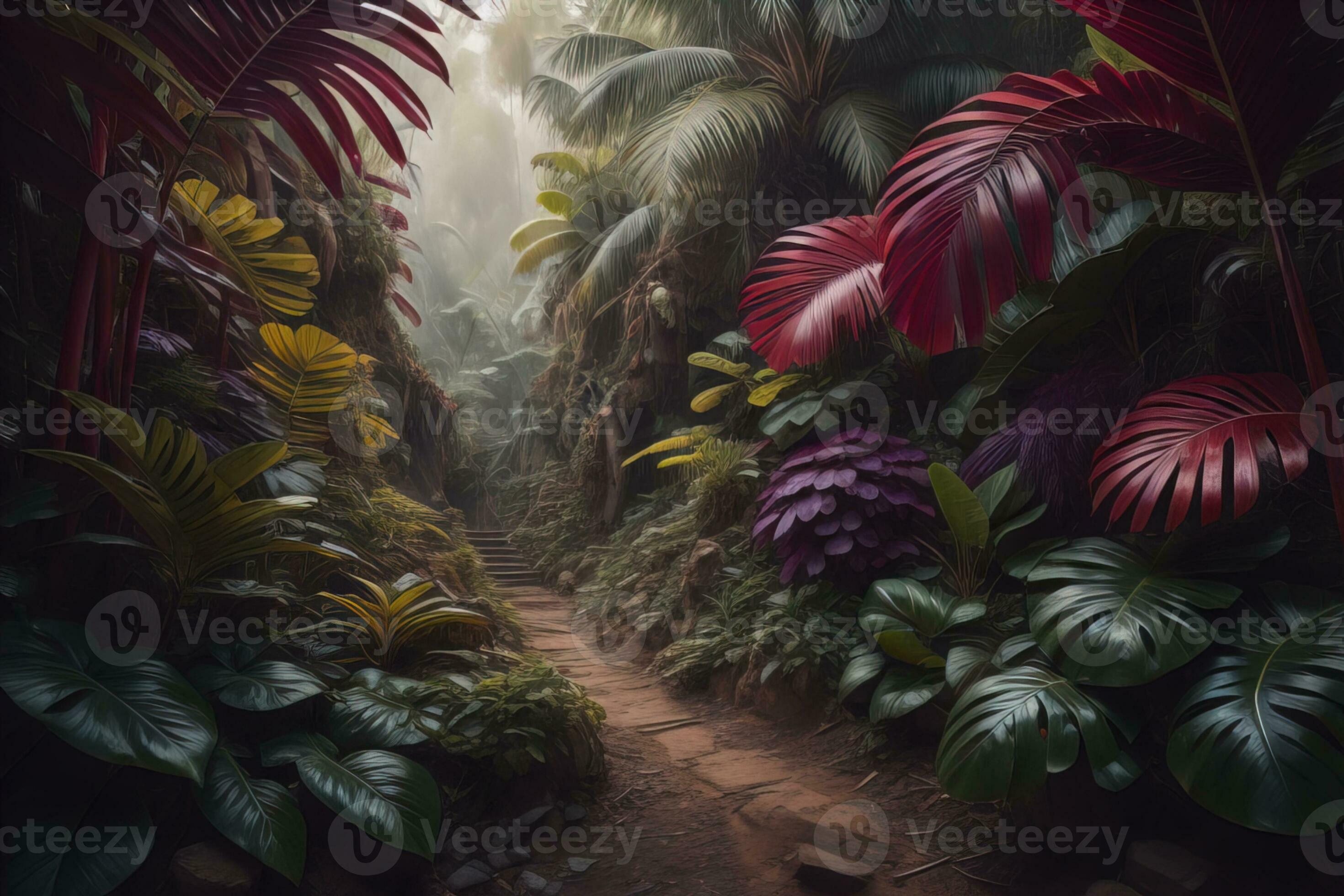 A pathway in tropical rainforest with palm trees and path in the mist ...