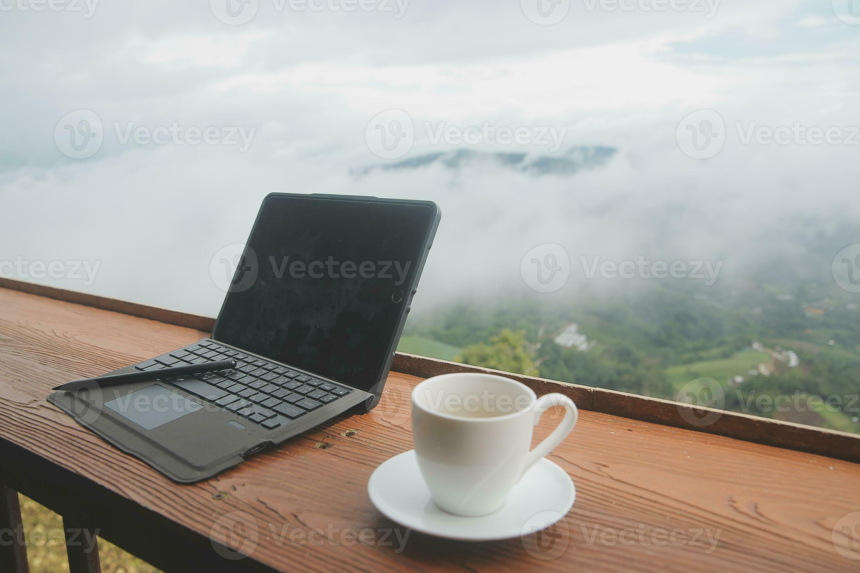 Computer Monitor, Keyboard, coffee cup and Mouse with Blank is on the ...