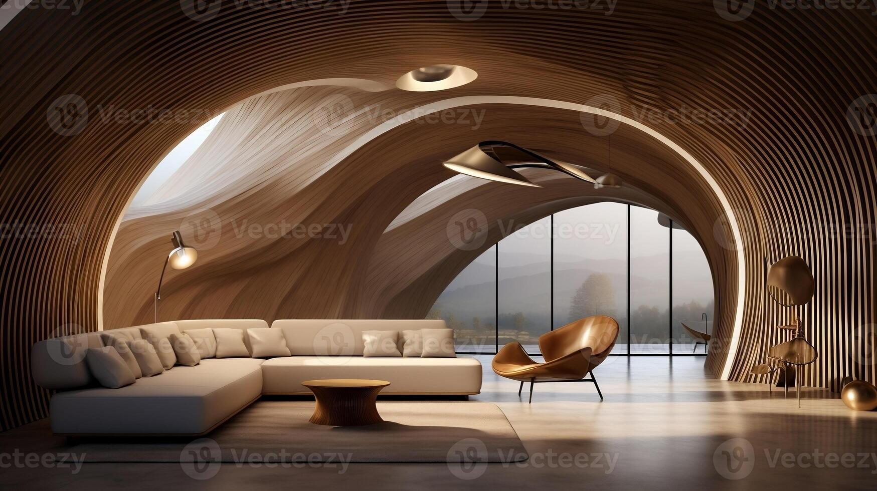 The interior design of the modern living room with abstract wooden arched ceiling and wall with ...