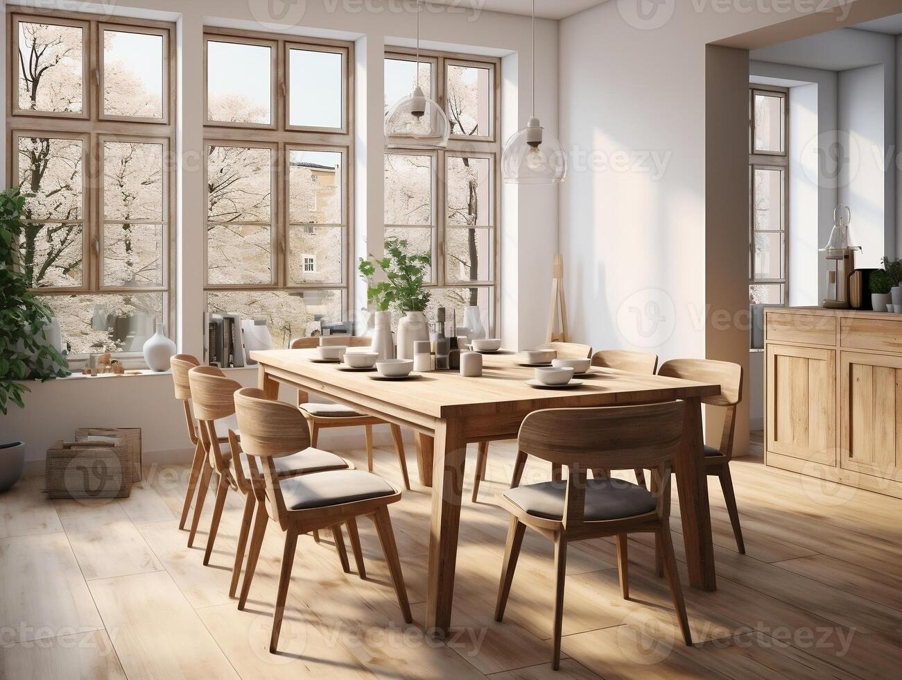 Wooden set dining table and chairs interior design of modern dining room with window generative ...