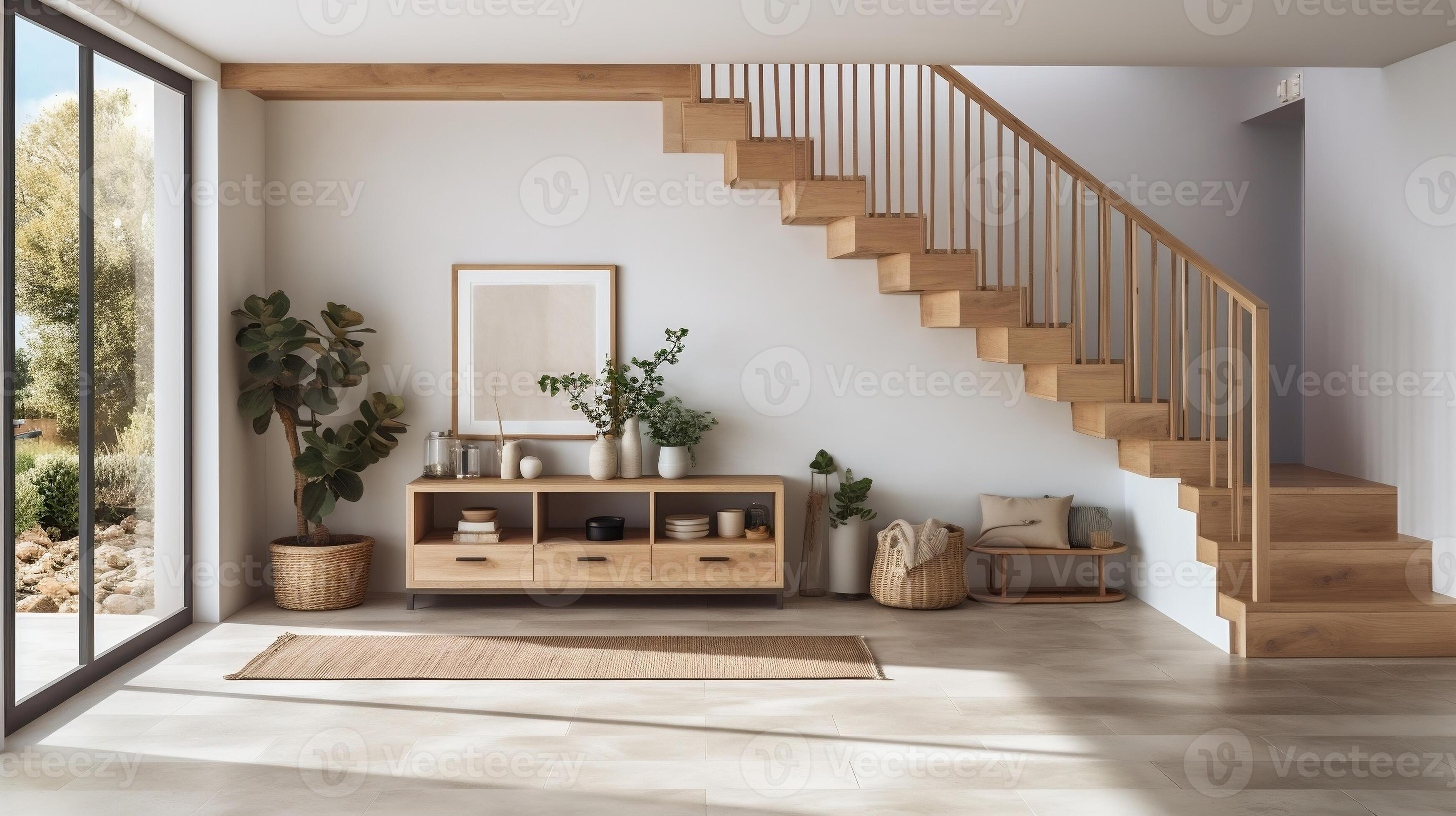 Interior design of modern entrance hall with grid door, staircase and rustic wooden accent ...