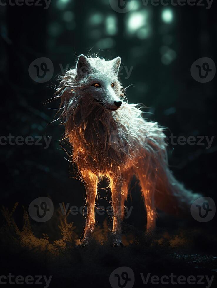 Magic fox with transparent glowing shining body in a dark ominous forest, magic glow and shine ...