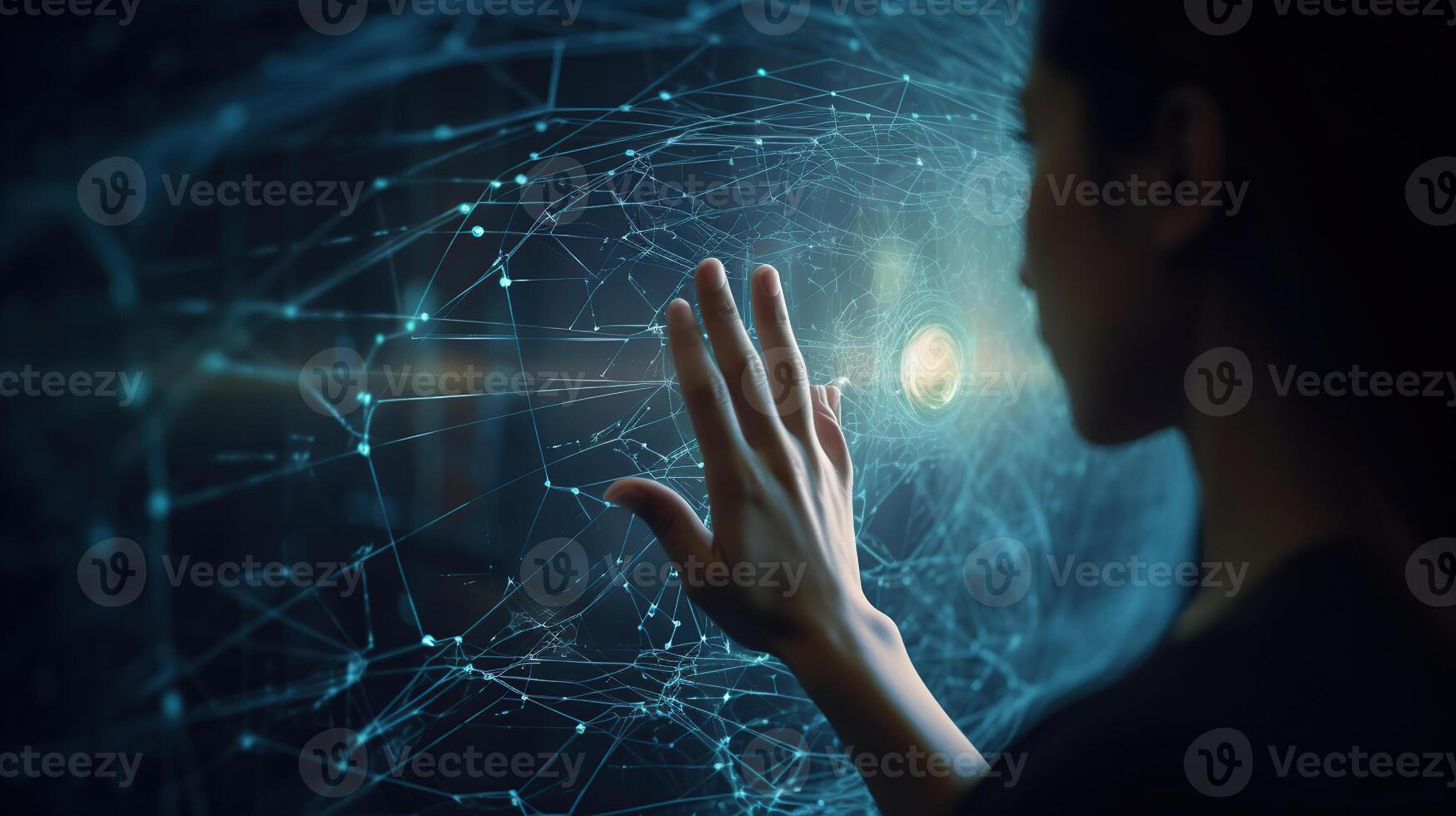 Big Data concept. Digital neural network. Business woman hand touching Introduction of ...