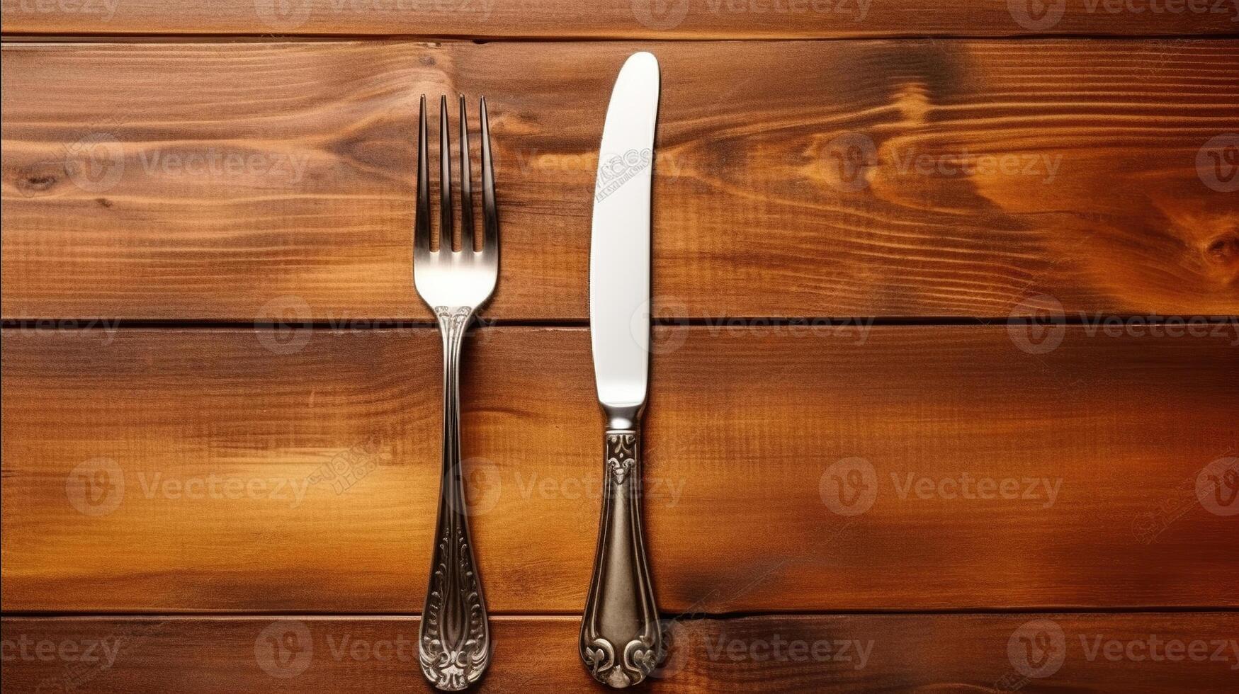 Top view of vintage silver knife and fork on brown wooden textured table. Classic table setting ...
