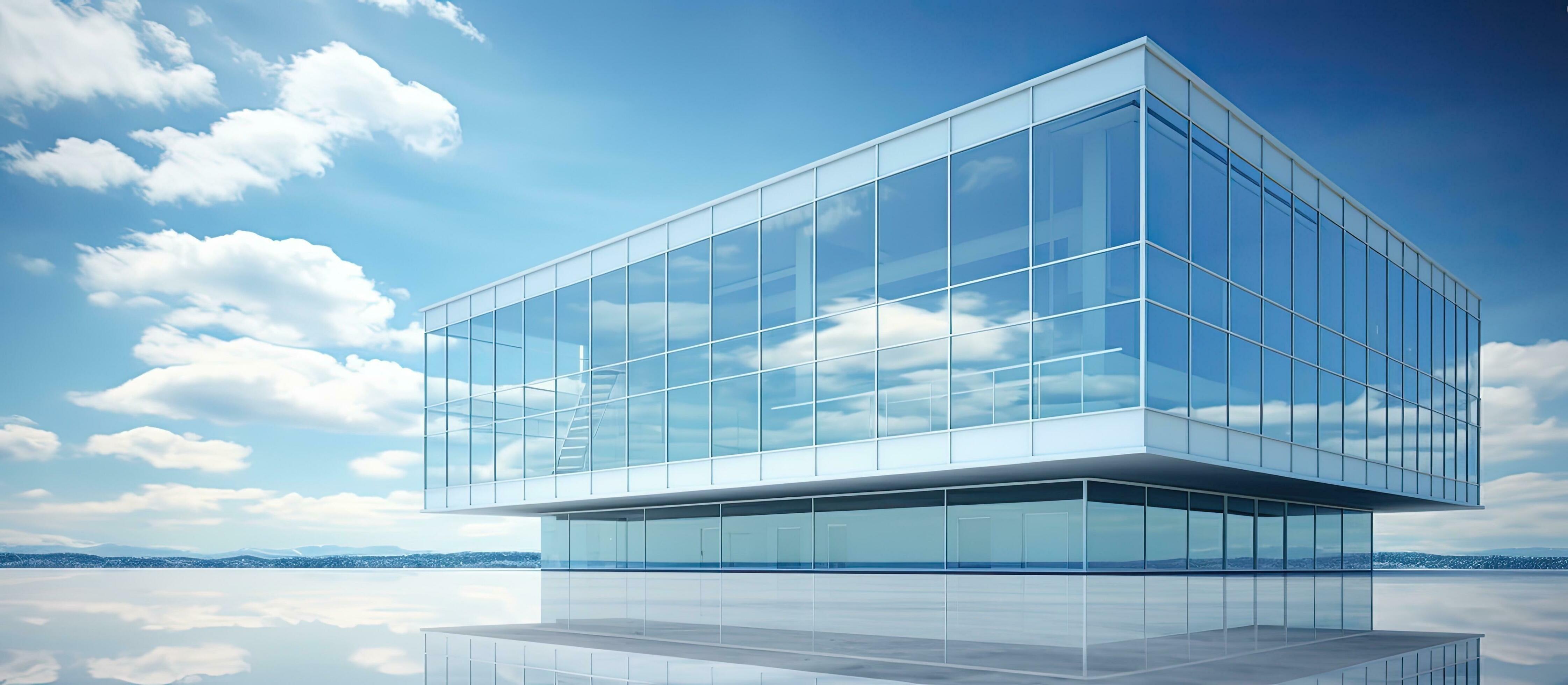 The exterior of a tall generic corporate office building with square glass windows reflects the ...