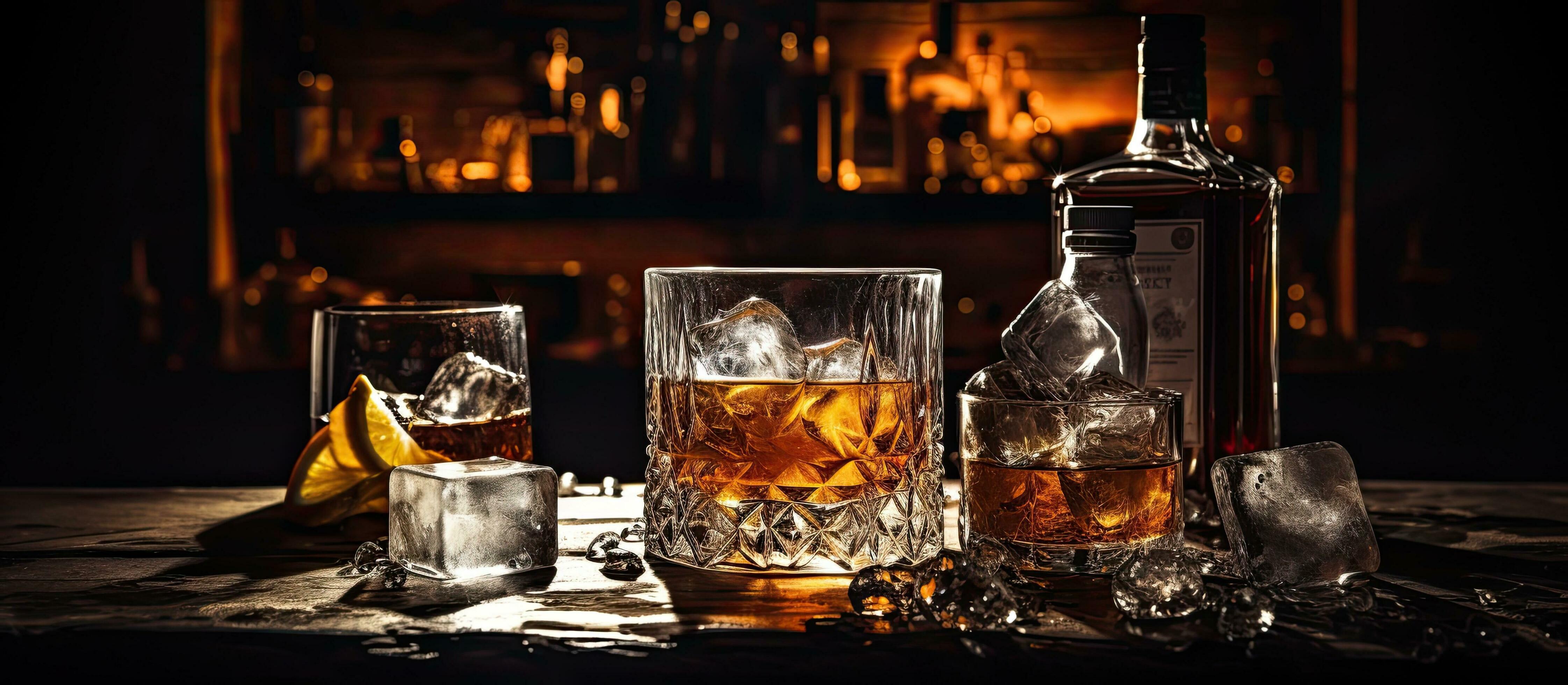 a dark and moody atmosphere with a glass of sophisticated whiskey, including ice cubes, placed ...