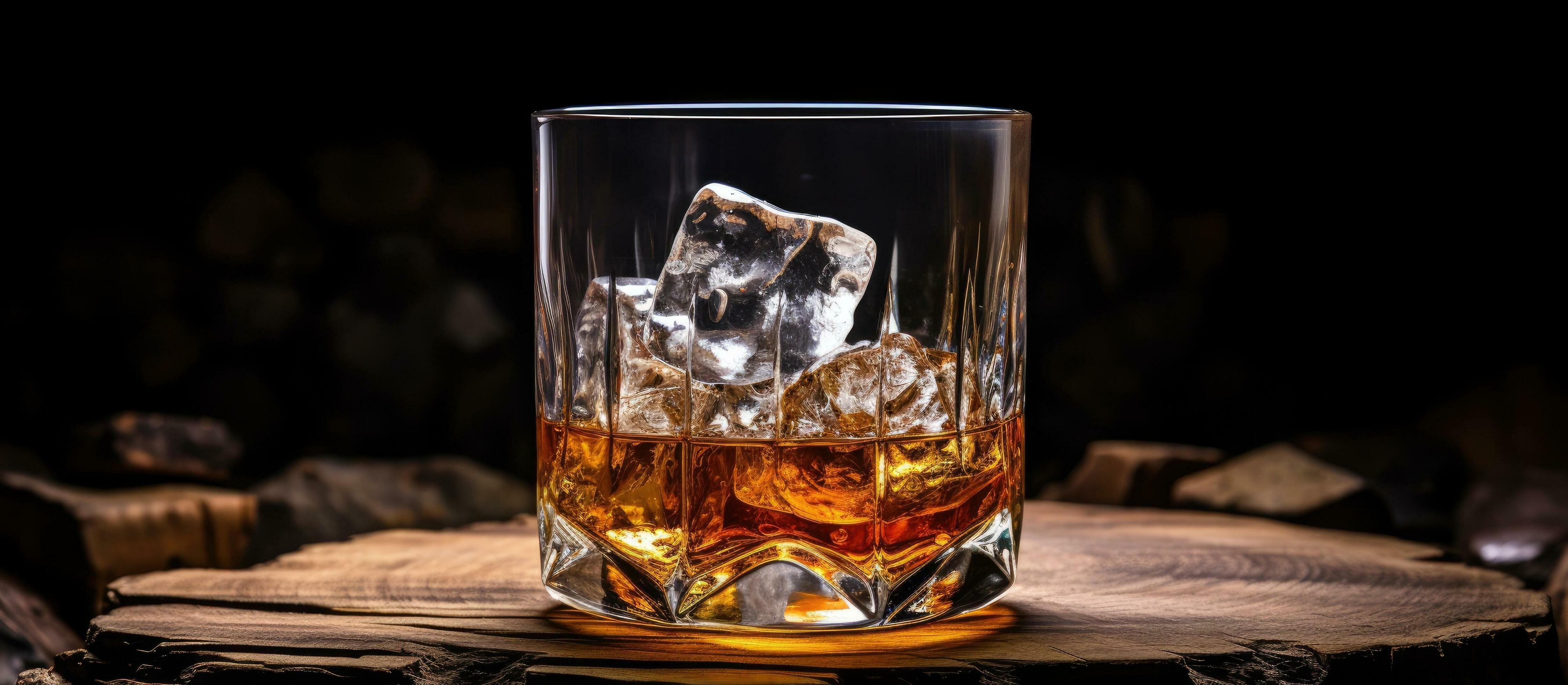 A glass containing whiskey accompanied by ice cubes rests on an aged barrel in the backdrop. The ...