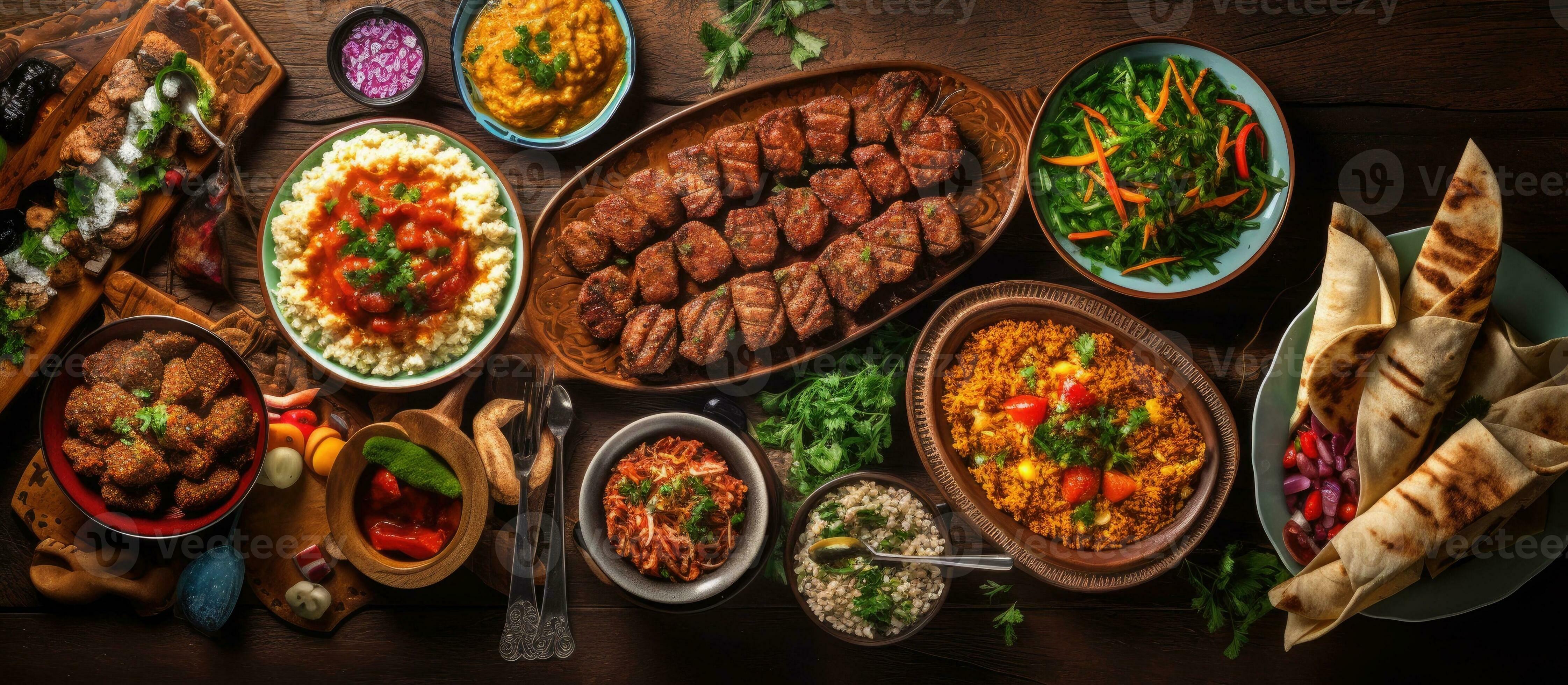 Arabic and Middle Eastern food displayed on a dinner table. The meal ...