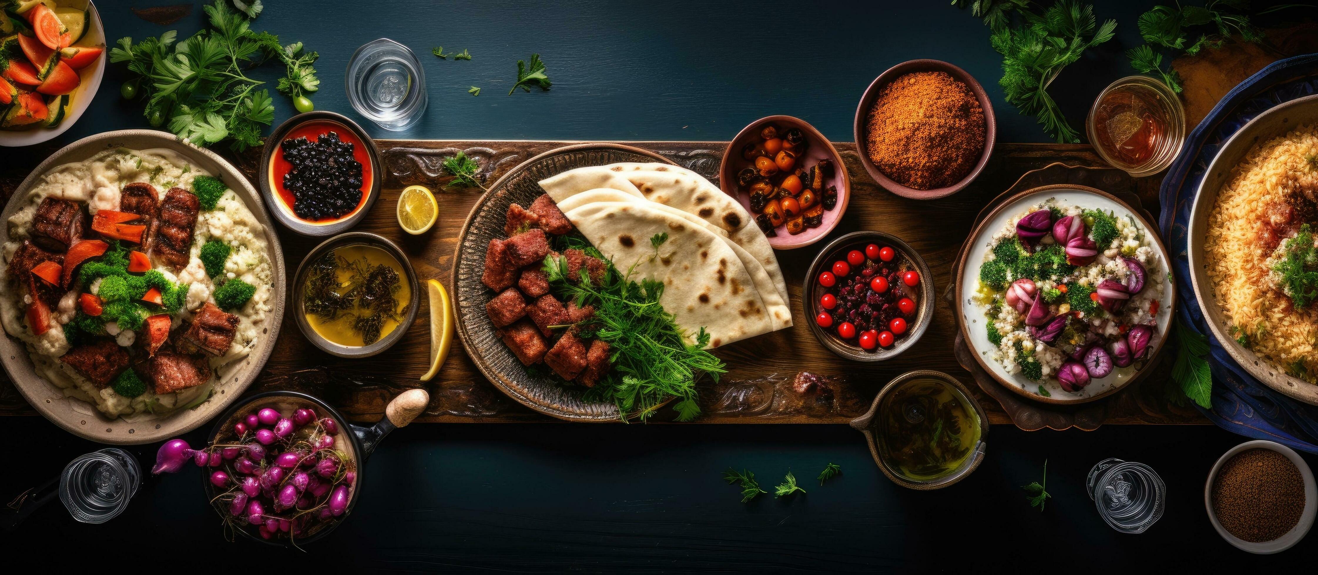 Arabic and Middle Eastern food displayed on a dinner table. The meal ...