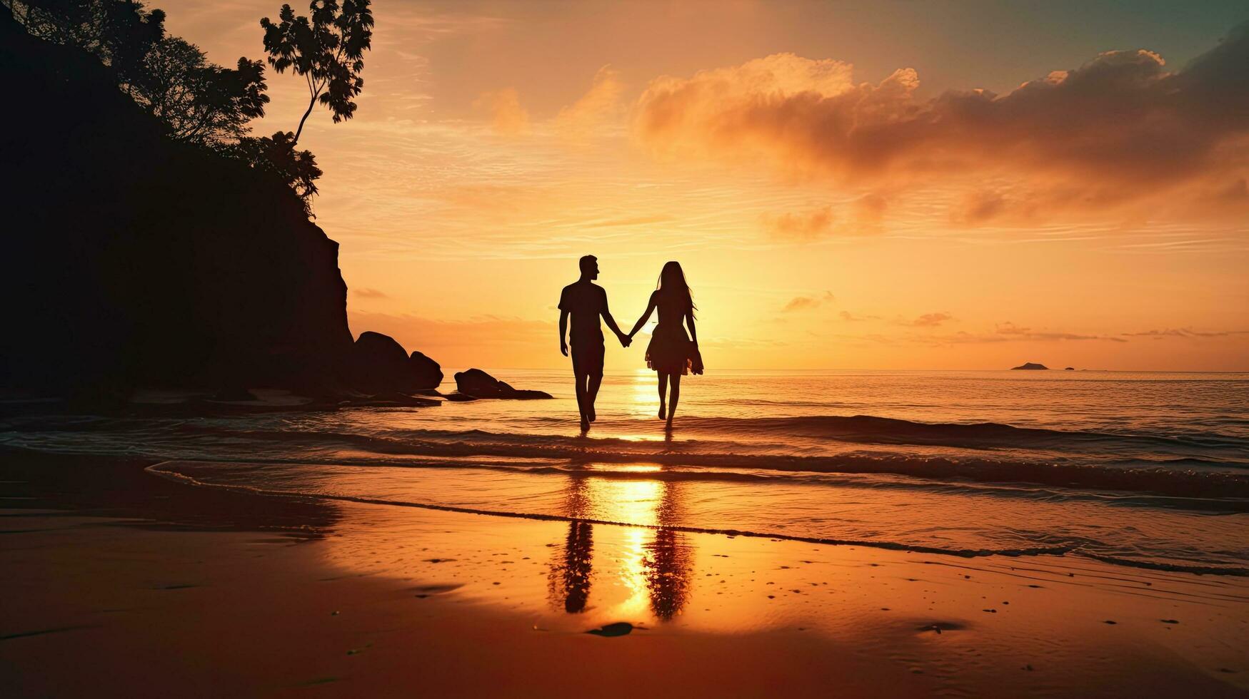 Romantic couple s silhouette holding hands at sunrise on the beach ...