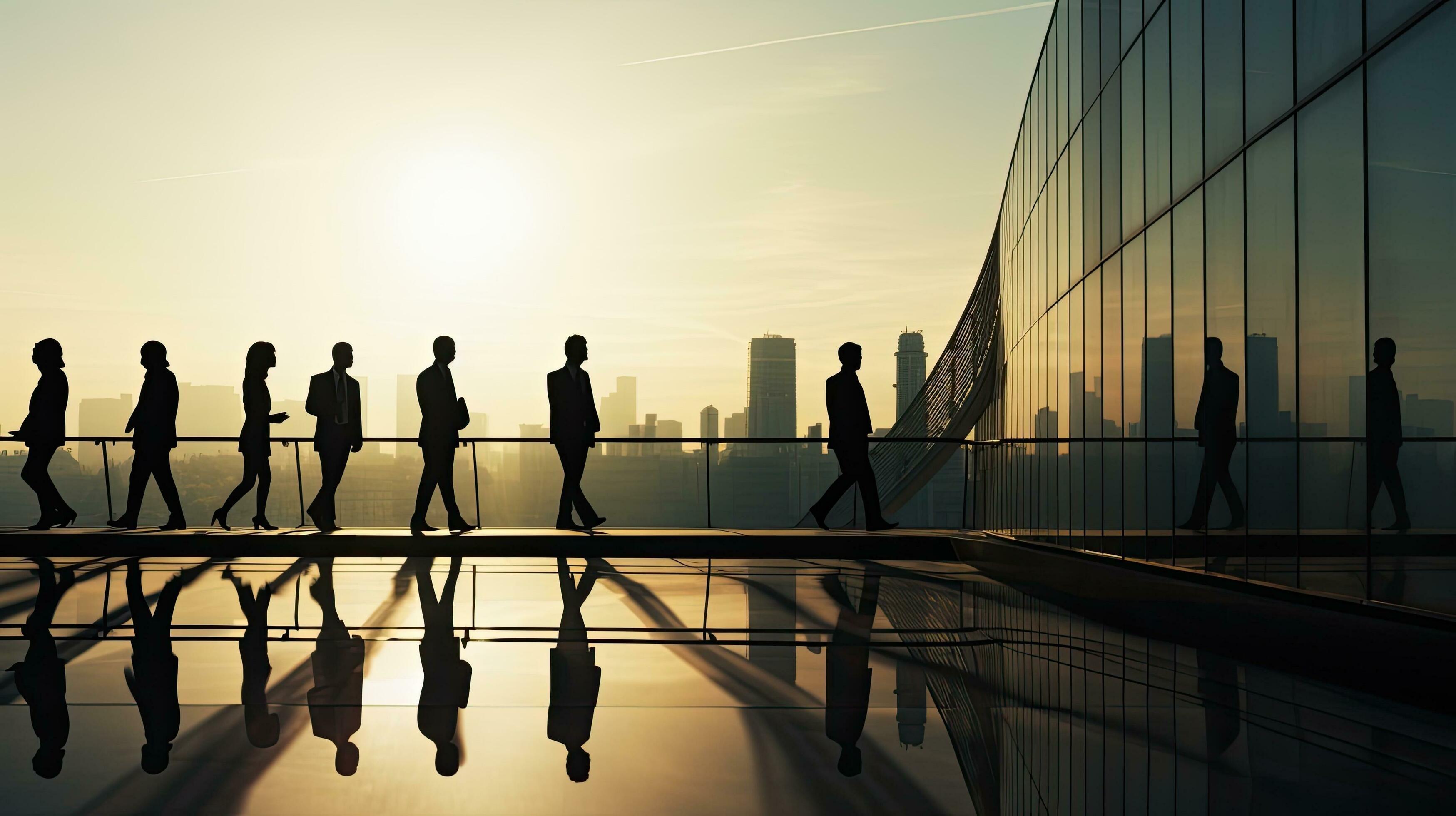 Business people walking across a pedestrian bridge in Paris La Defense ...