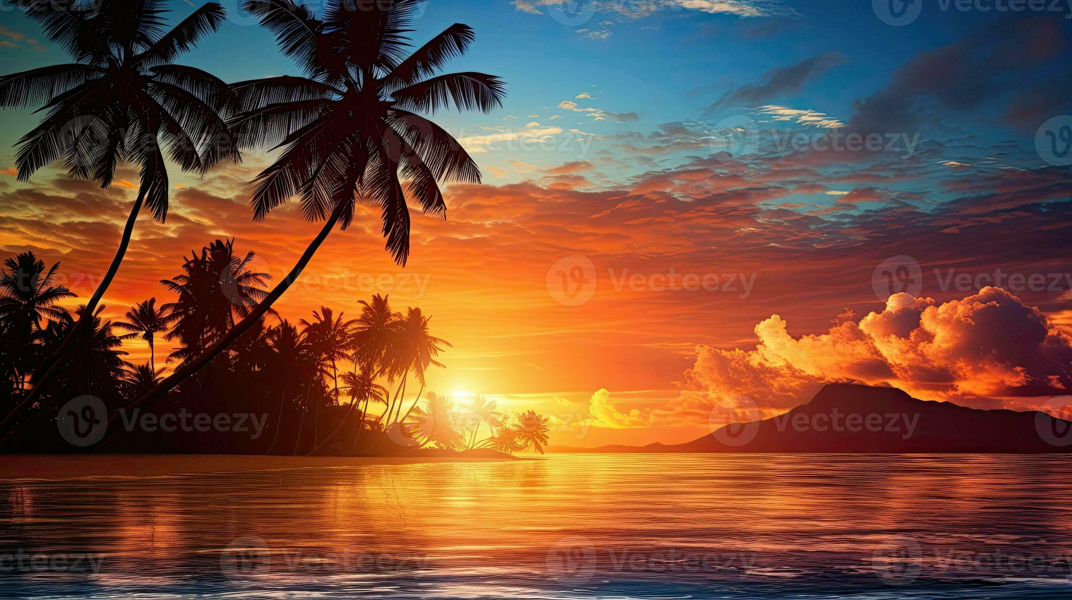 Vibrant tropical island sunset with a golden reflection on the ocean palm trees silhouette and ...