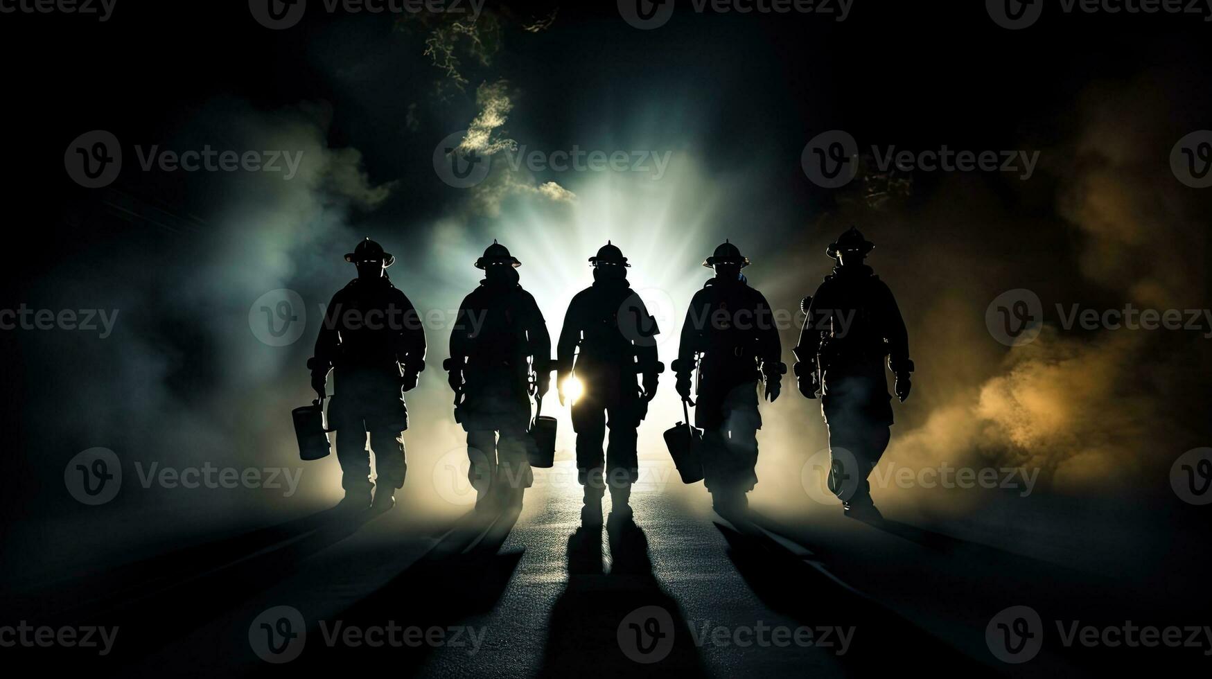 Firefighters with flashlights on their chests walking away from smoke ...