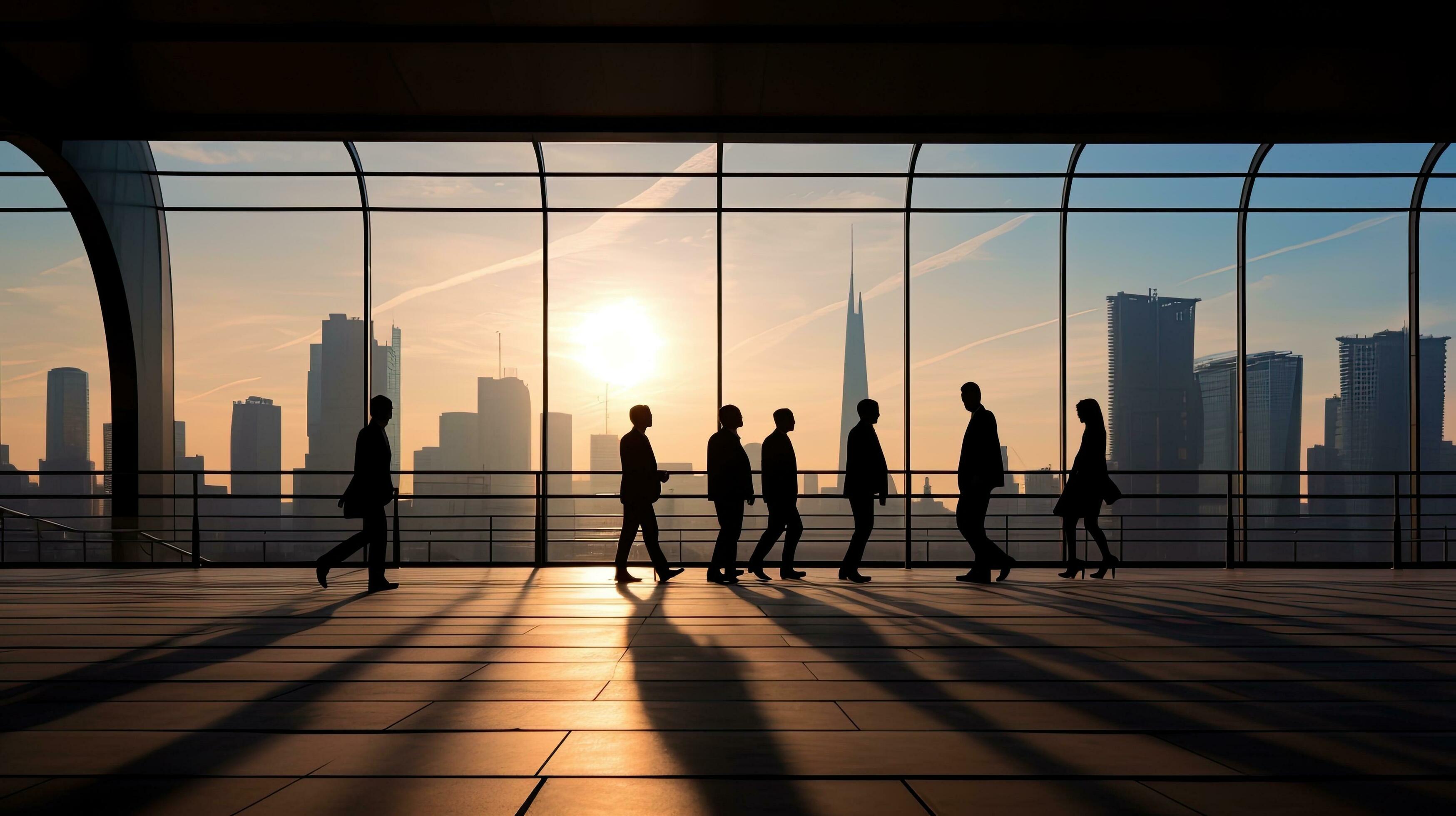 Business people walking across a pedestrian bridge in Paris La Defense ...