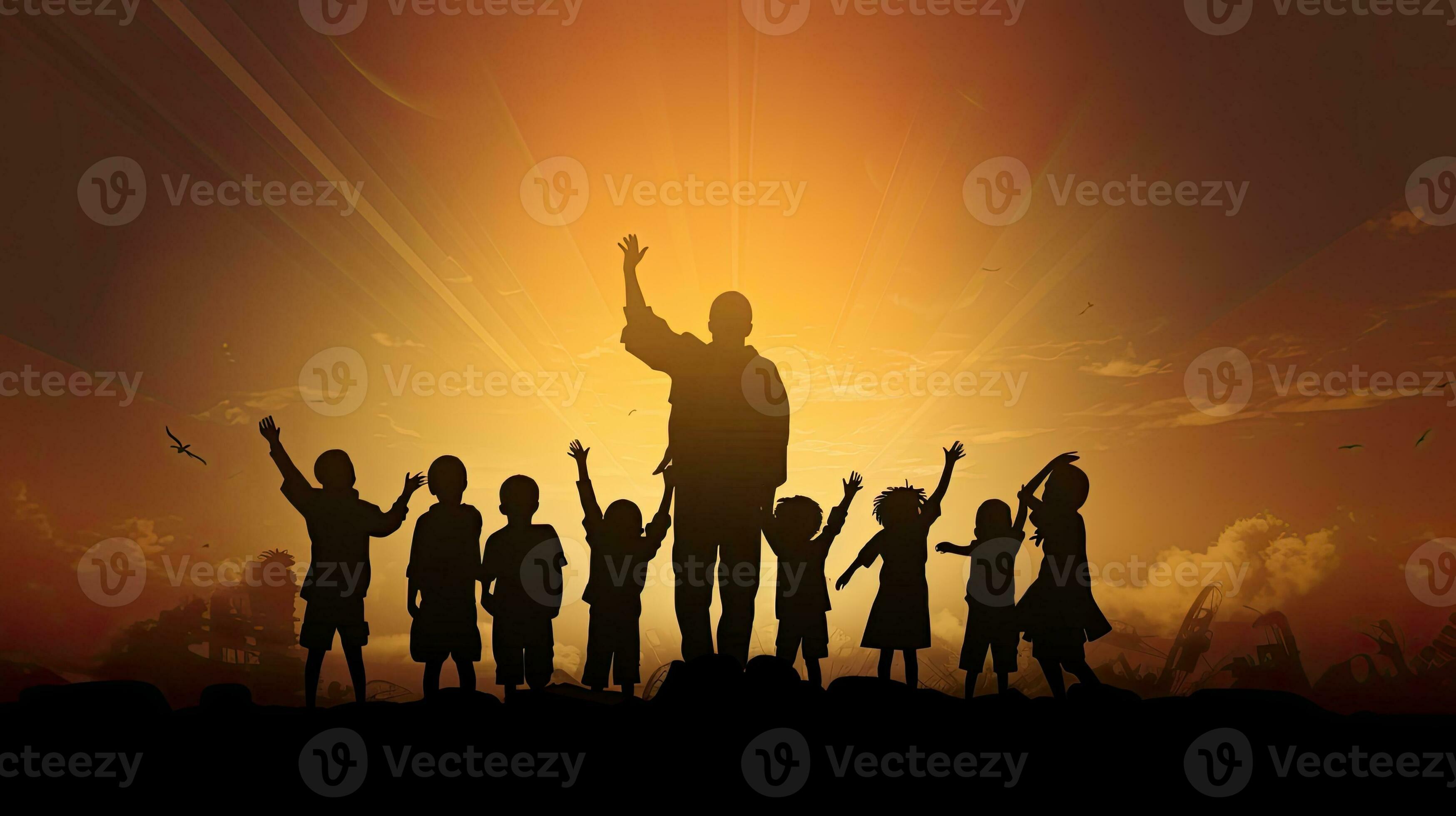 Group of refugee children worshiping and praying expressing hope and freedom on World Kids Day ...