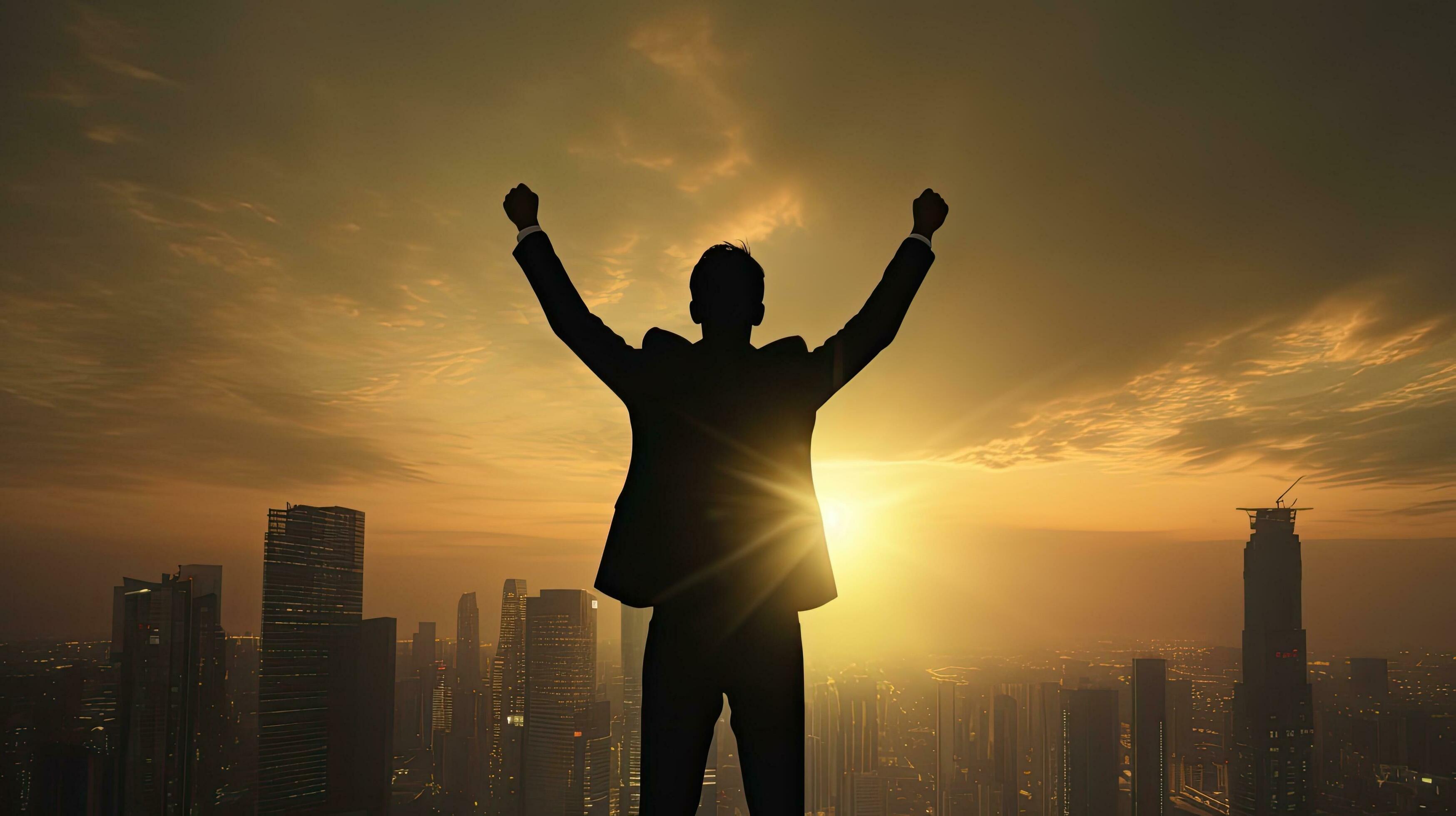 Successful businessman silhouette joyfully raises hand towards the sky creating an eye catching ...