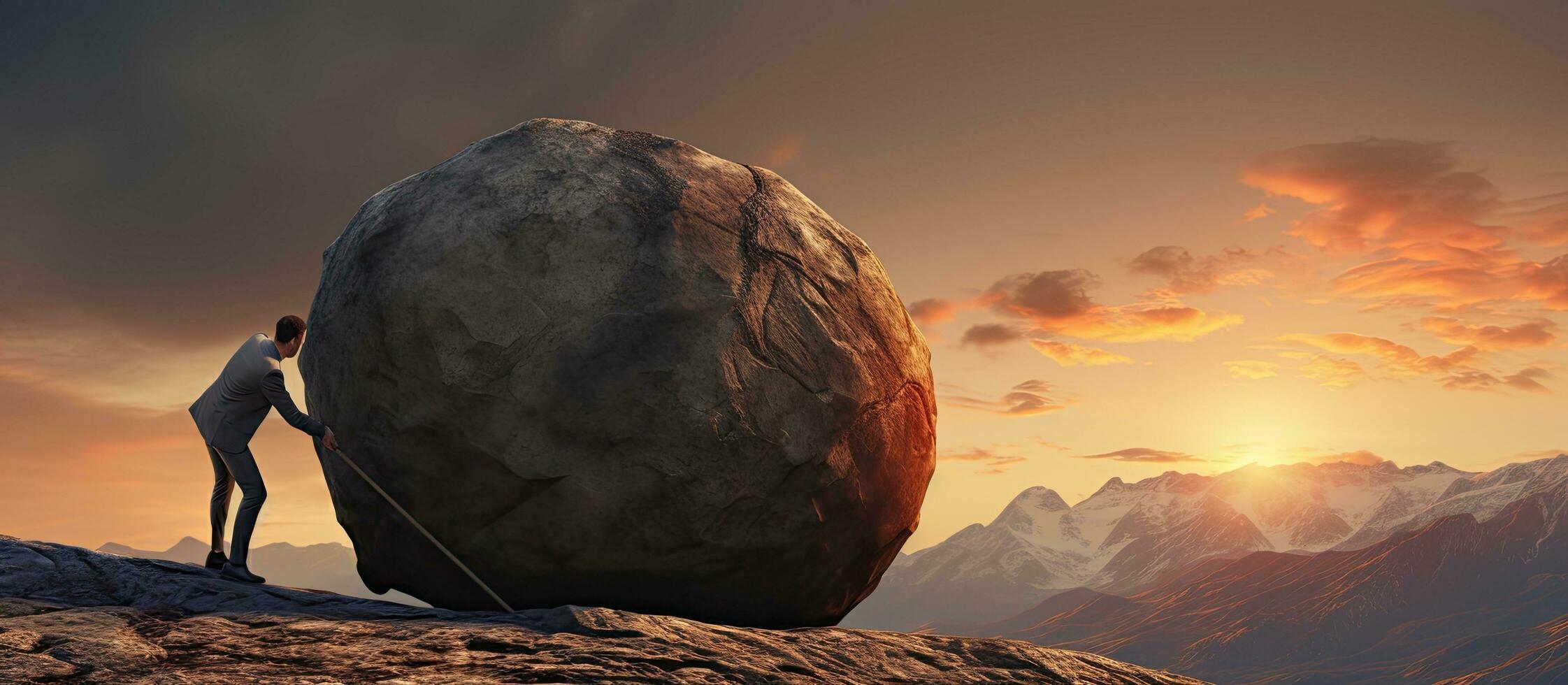 A young businessman pushing a large stone uphill during sunset ... A young businessman pushing a large stone uphill during sunset ...