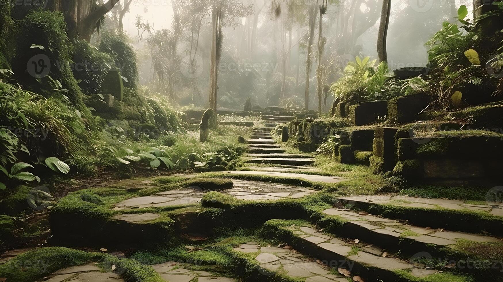 An ancient path into the deep jungle or ruin filled with green moss and ...