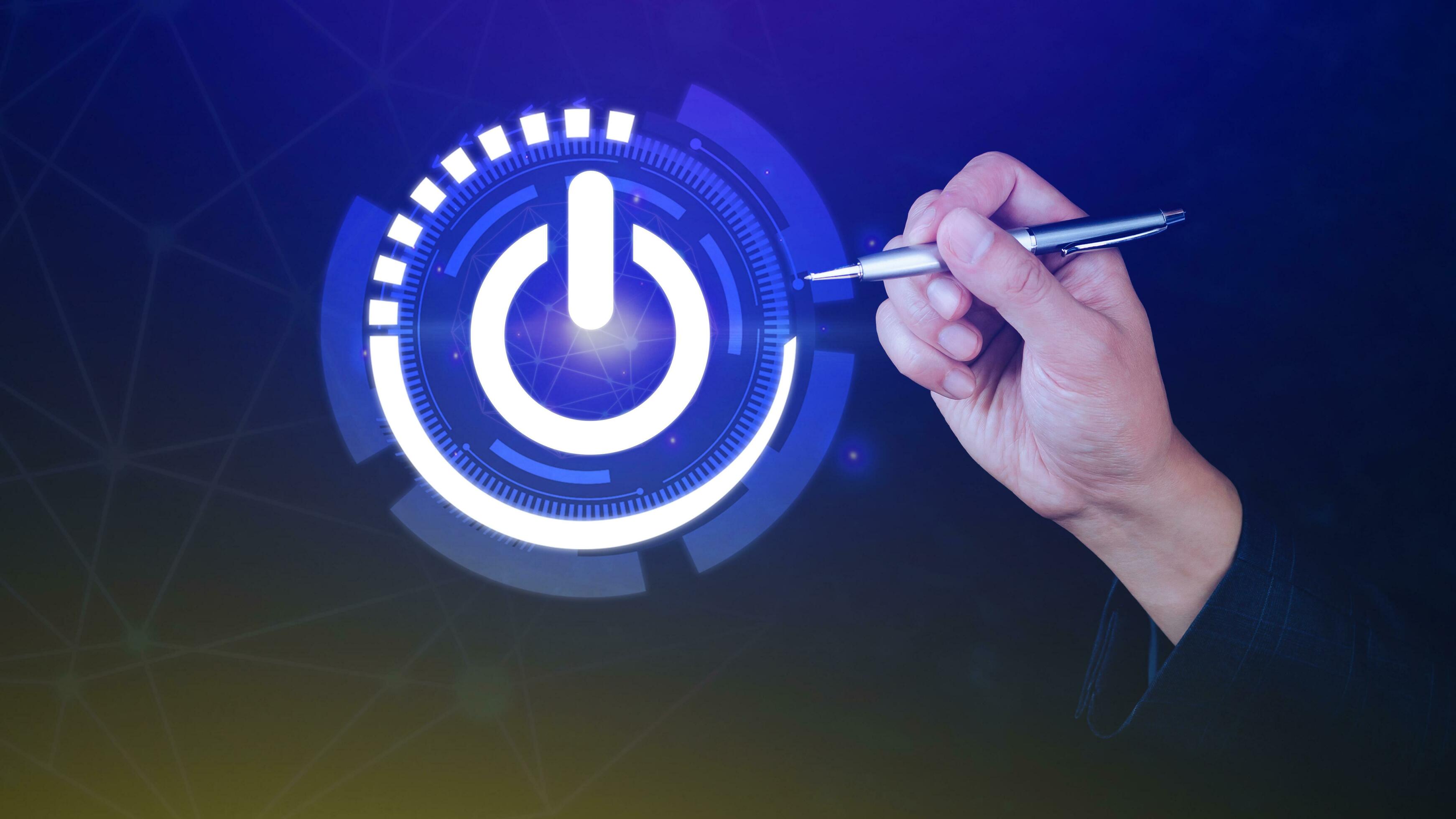 Businessman touching visual touch screen power button with his finger ...