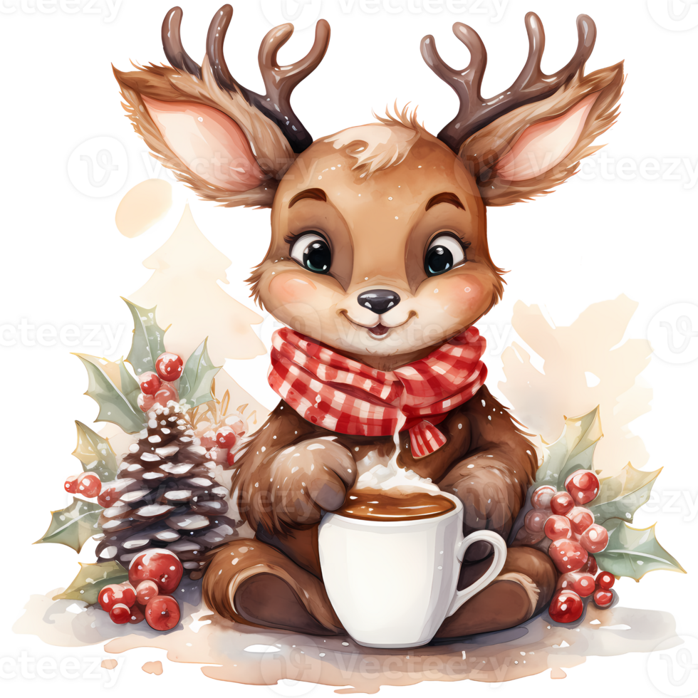 Cute Cartoon Reindeer With Cup Of Coffee And Christmas Decoration Ai Genrative 27127059 Png