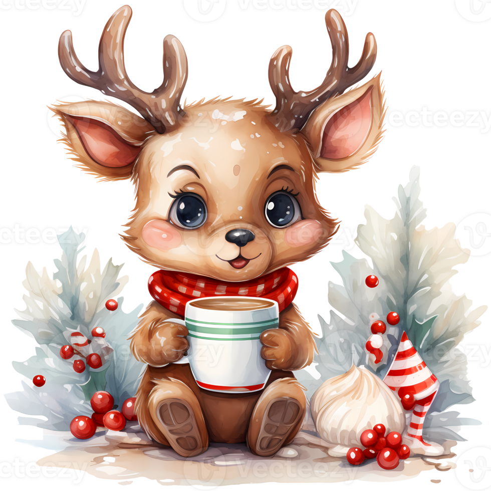 Cute Cartoon Reindeer With Cup Of Coffee And Christmas Decoration Ai Genrative 27127077 Png
