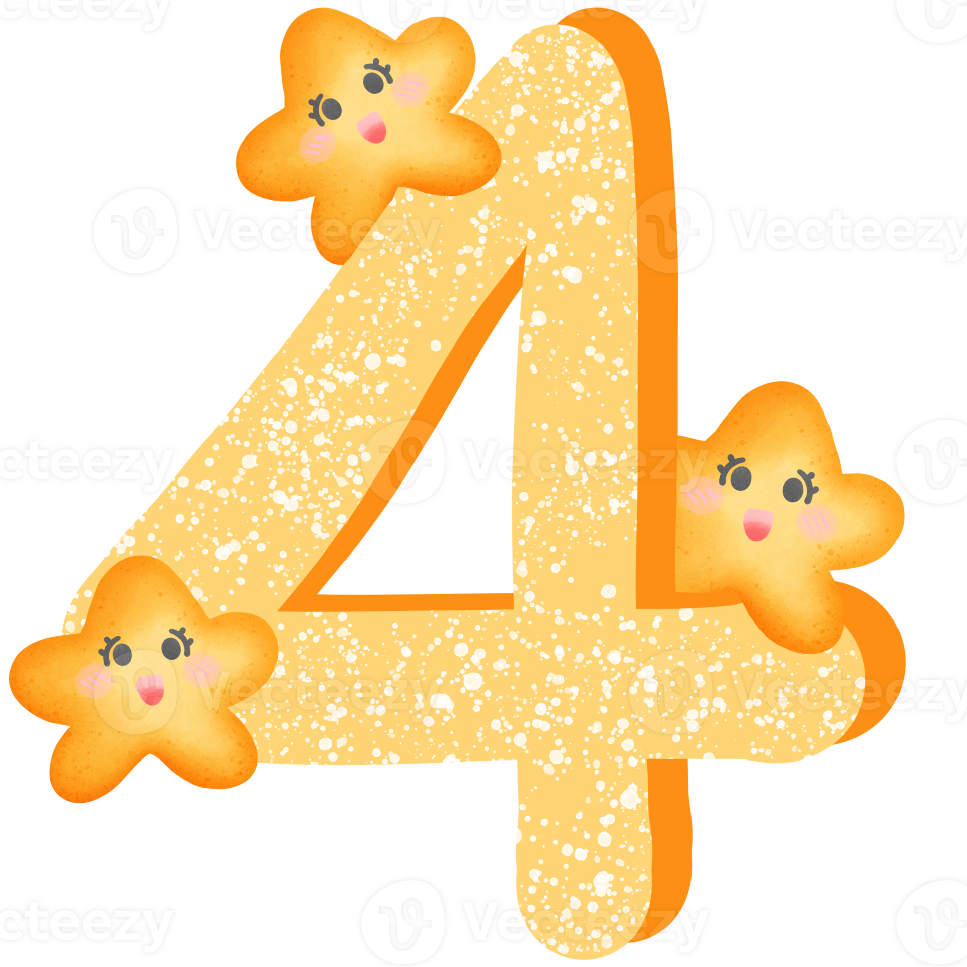 Jaune nombre 4 avec Jaune sourire étoiles isolé sur transparent Contexte 27129789 PNG