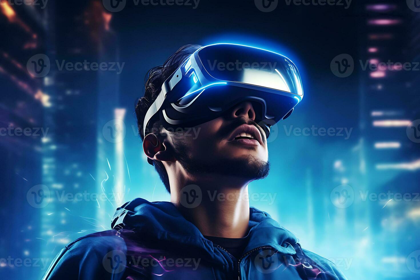 Retro Futuristic Portrait Of Man Exploring Metaverse In Vr Goggles With