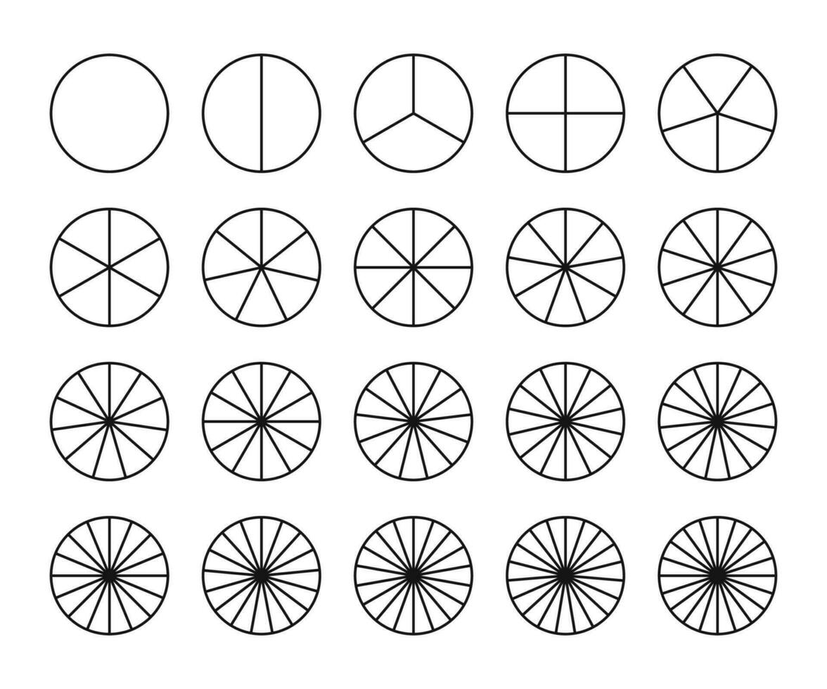 Segment slice icons set. Circles divided in segments from 1 to 20. Vector round 20 section. Pie ...