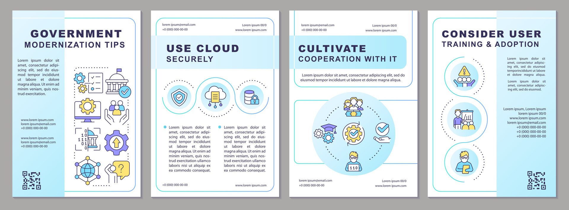 Government modernization tips blue brochure template. Leaflet design with linear icons. Editable ...