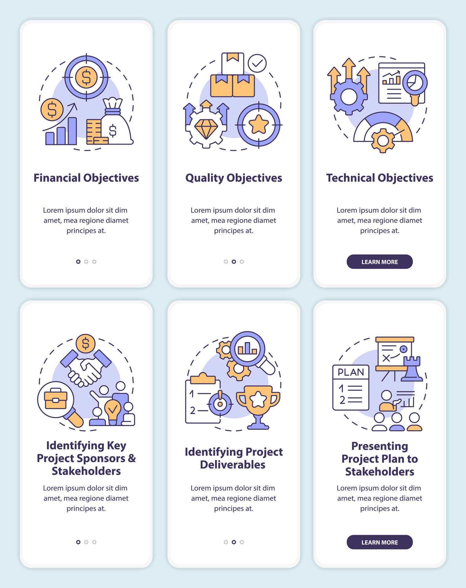Project Management Processes Onboarding Mobile App Screens Set