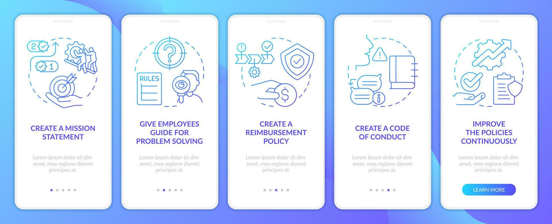 Create customer service policy blue gradient onboarding mobile app screen. Walkthrough 5 steps ...