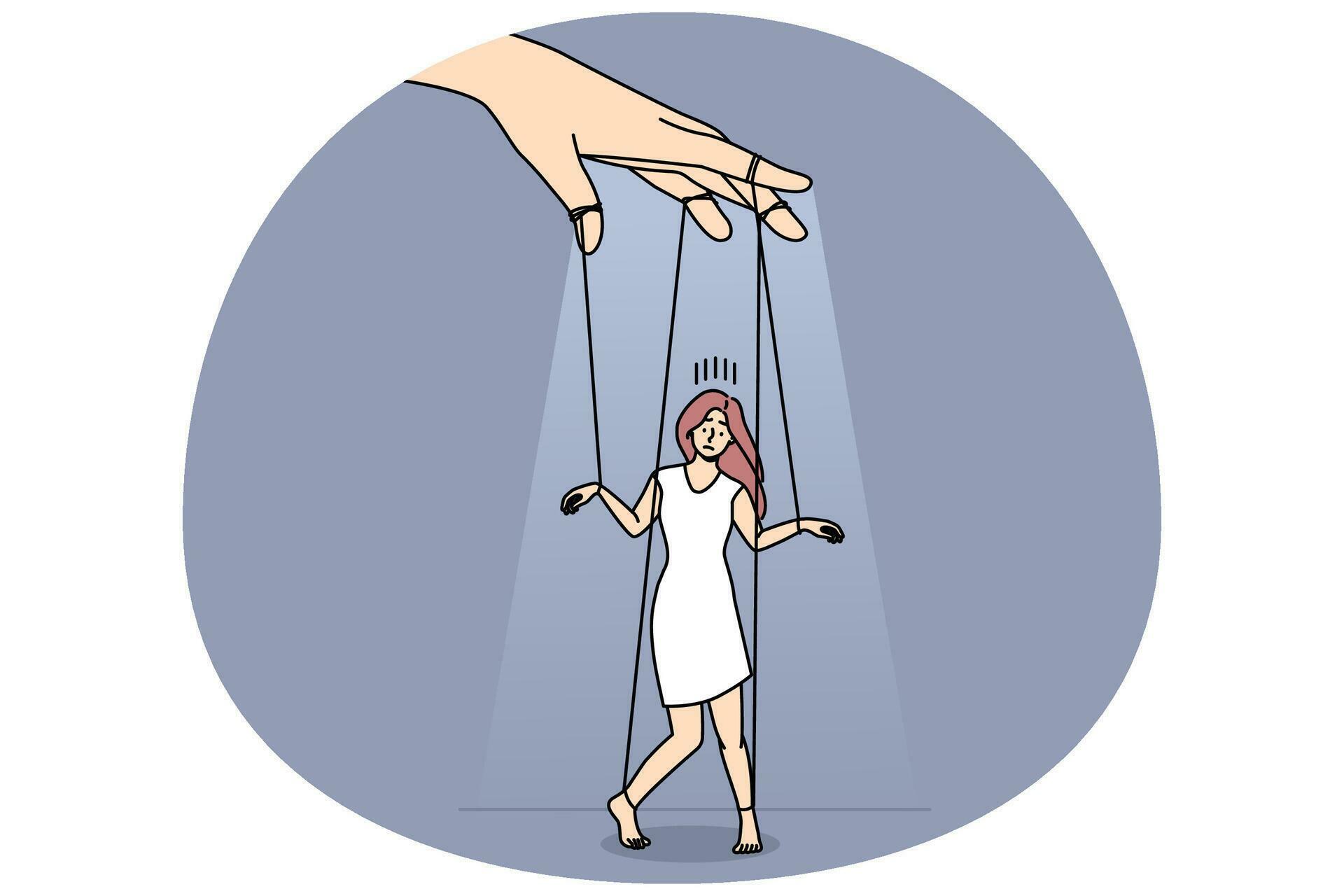 Person holding woman as puppet doll on ropes. Puppeteer control ...