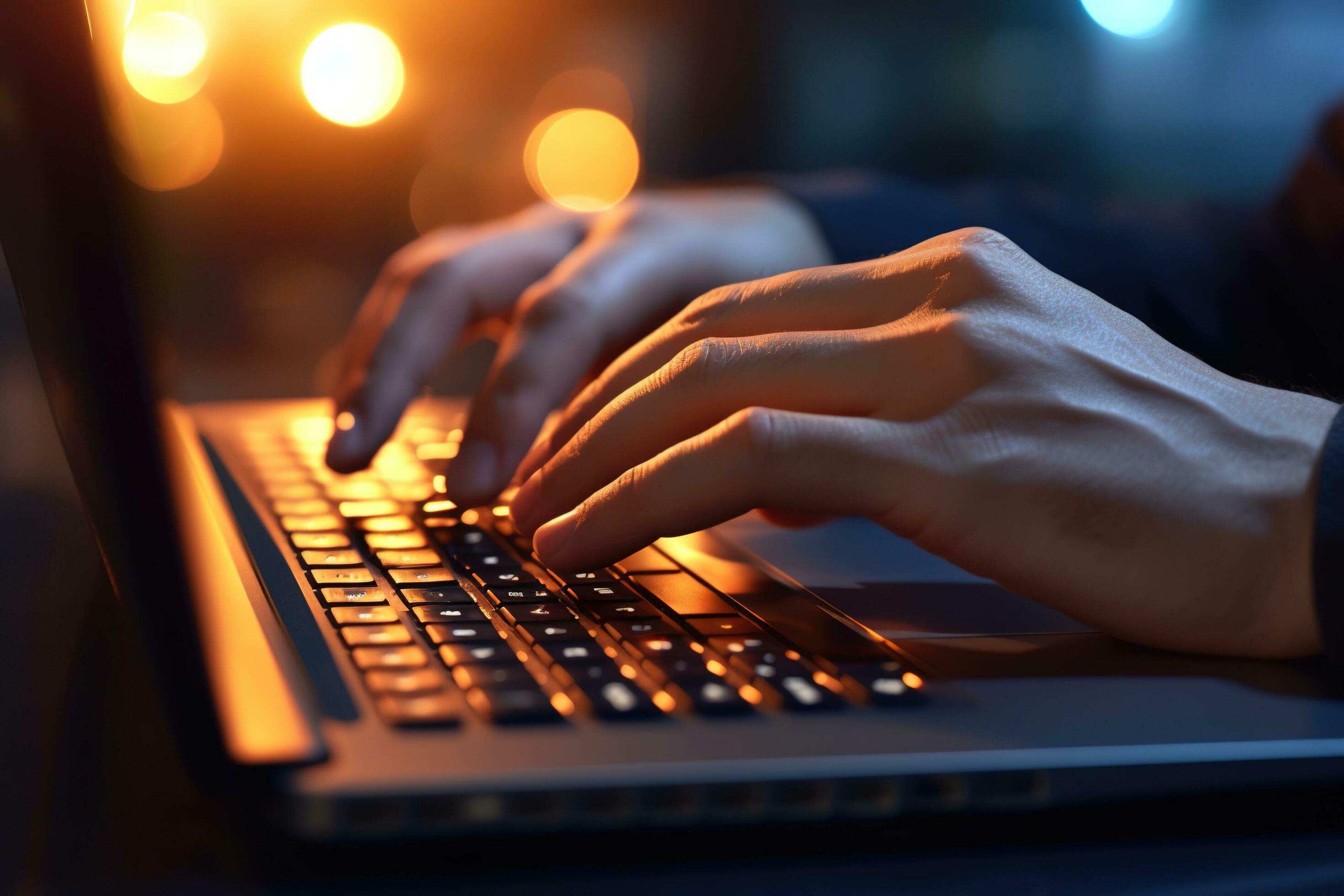 Generative AI, Typing on keyboard closeup, shot hands using laptop ...