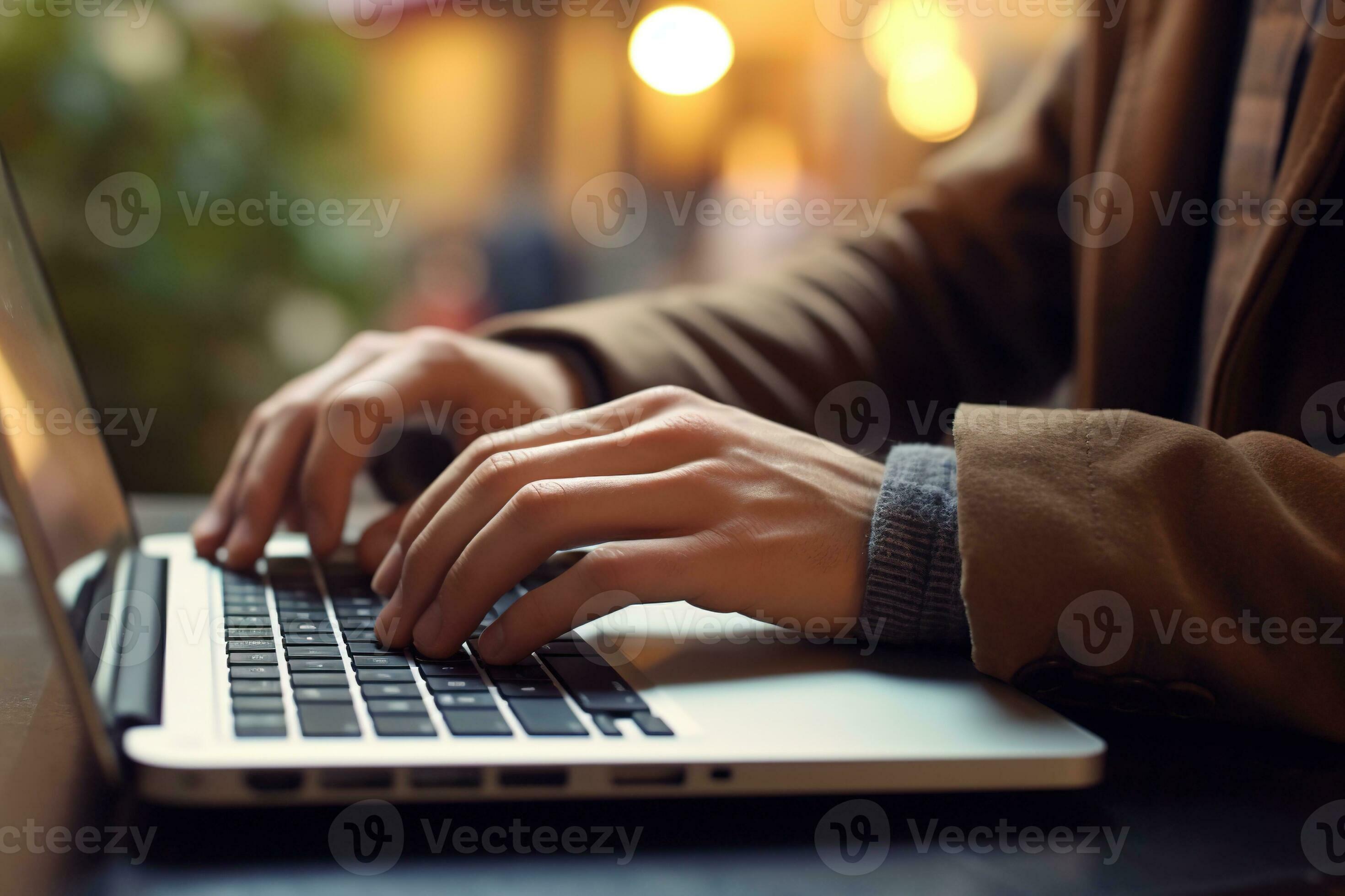 Generative AI, Typing on keyboard closeup, shot hands using laptop ...