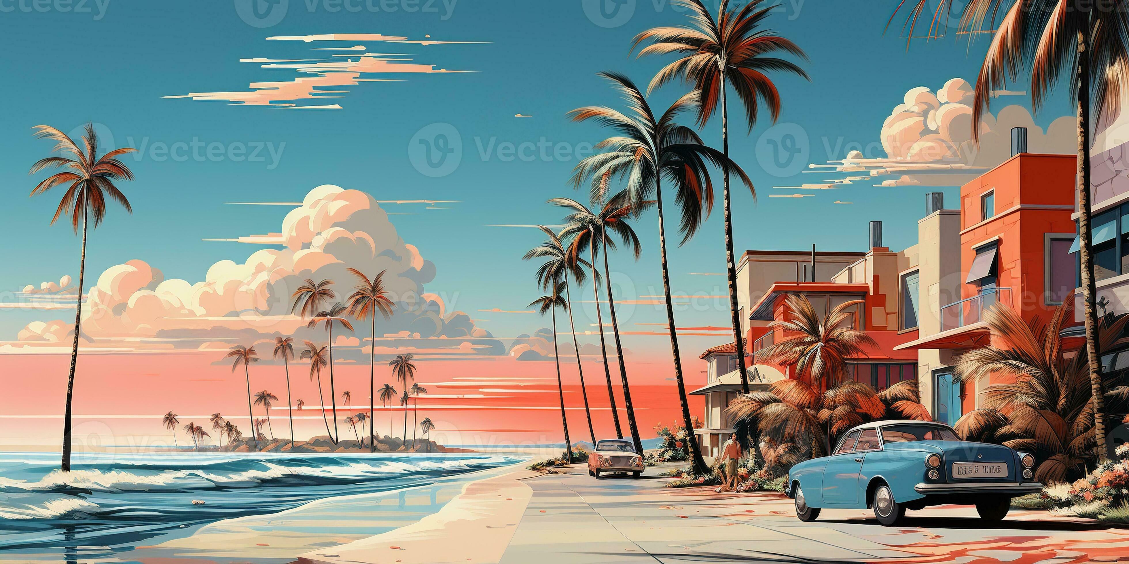 Generative AI, Miami Summer Vibes retro flat Matisse illustration. Vintage pink and blue colors ...