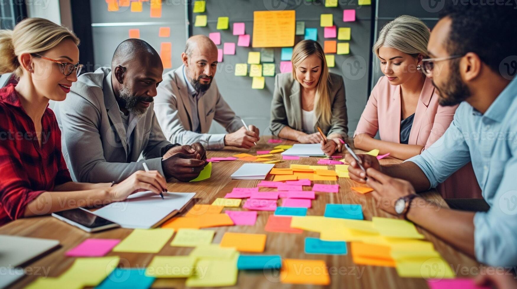 ai generativo multiétnico creativo equipo trabajando juntos reunión y lluvia de ideas en mesa en ...