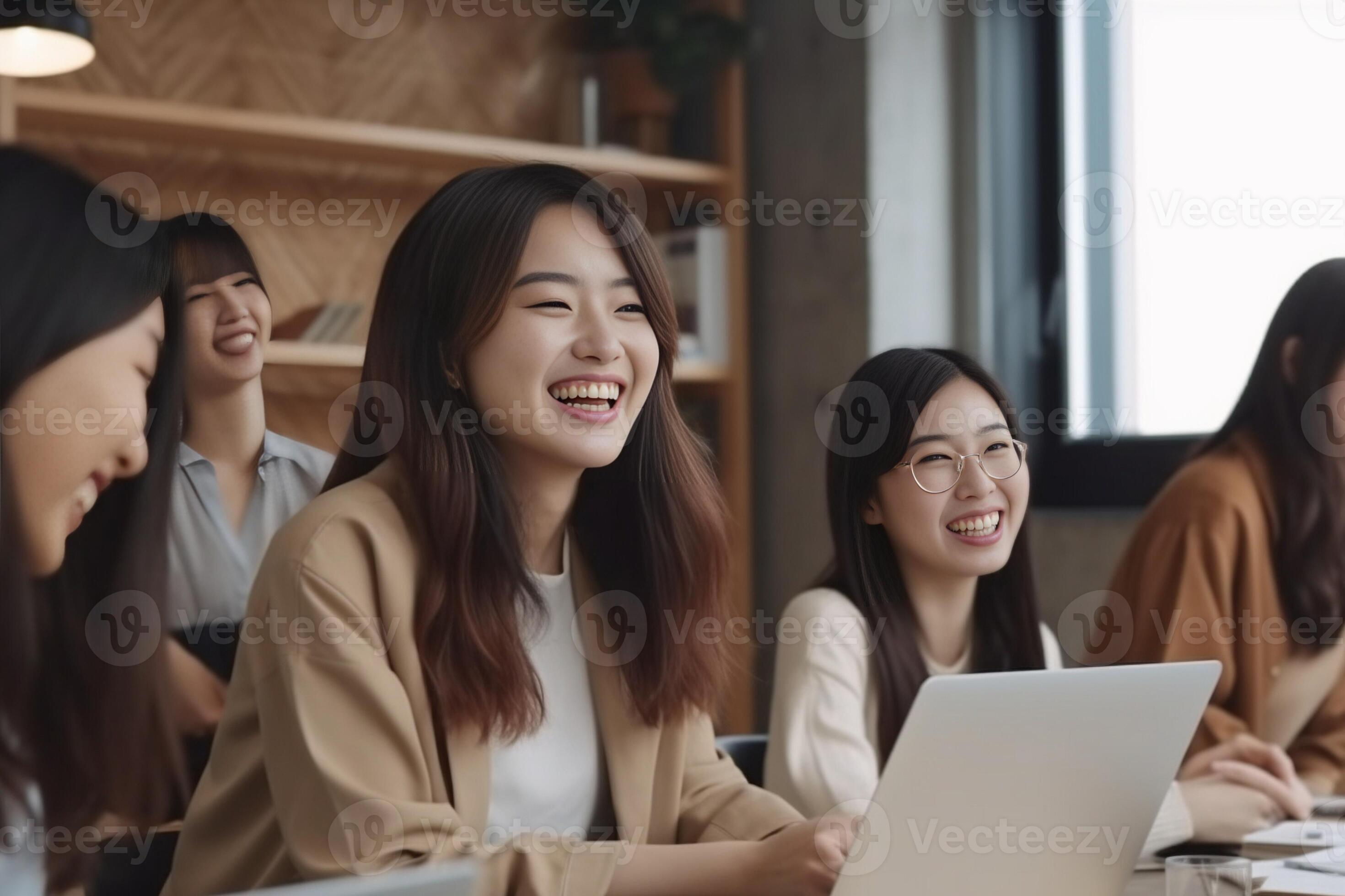 ai generativo pequeño grupo Asia hembra joven contento personas rebaja equipo trabajo en ...