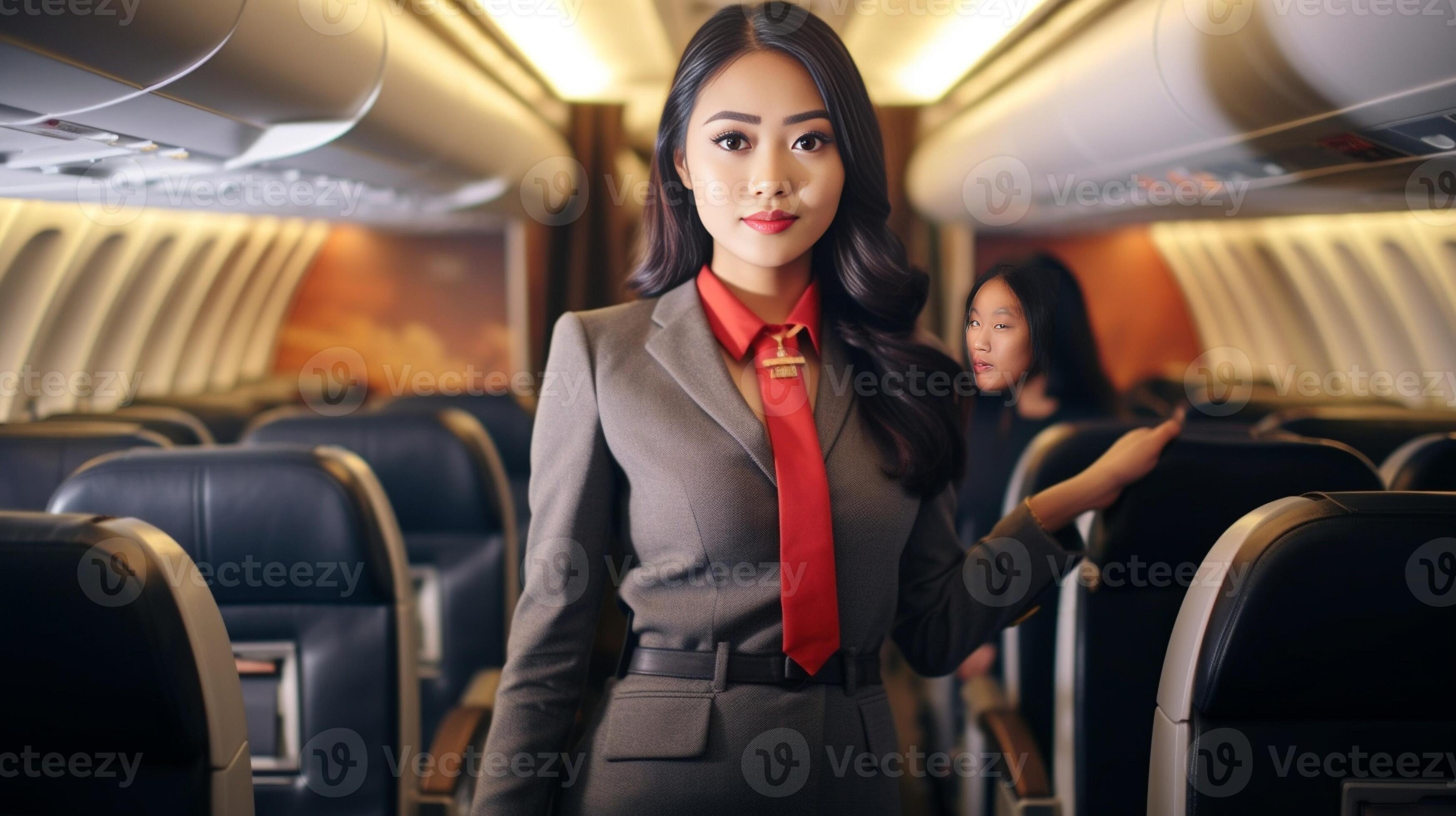 AI Generative Close up of asian flight attendants hand call cabin crew or stewardess by pressing ...