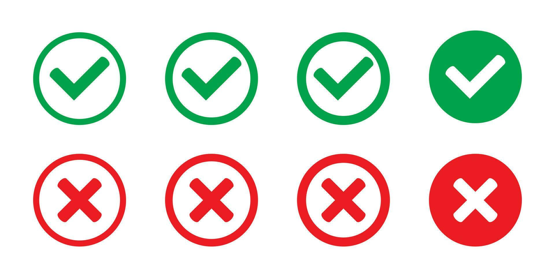 Set green approval check mark and red cross icons in circle and square, checklist signs, flat ...