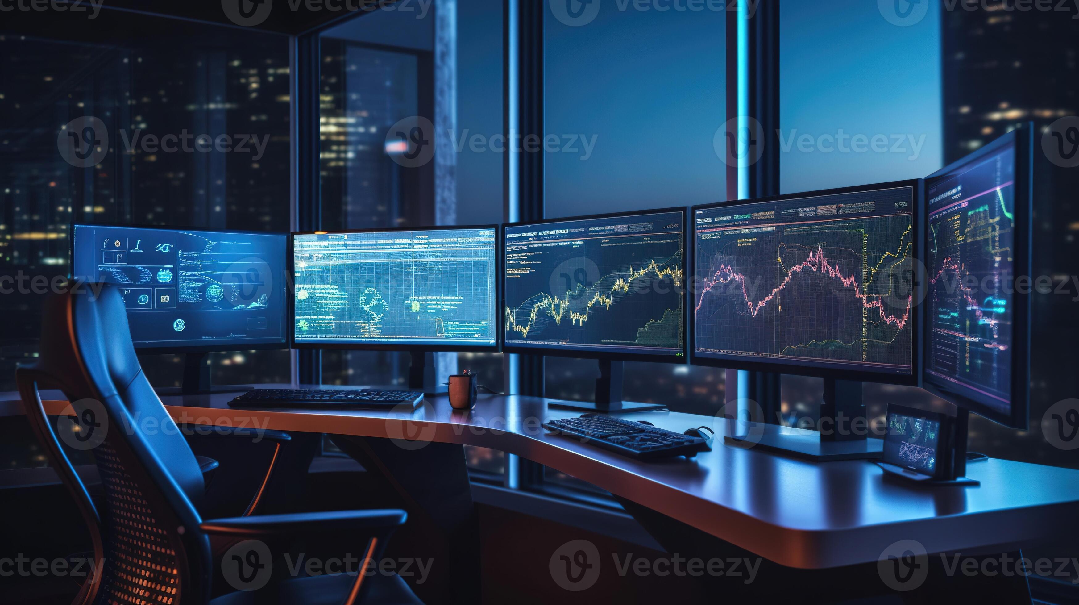 Empty Office Workplace with a Desk with Multiple Computer Screen ...