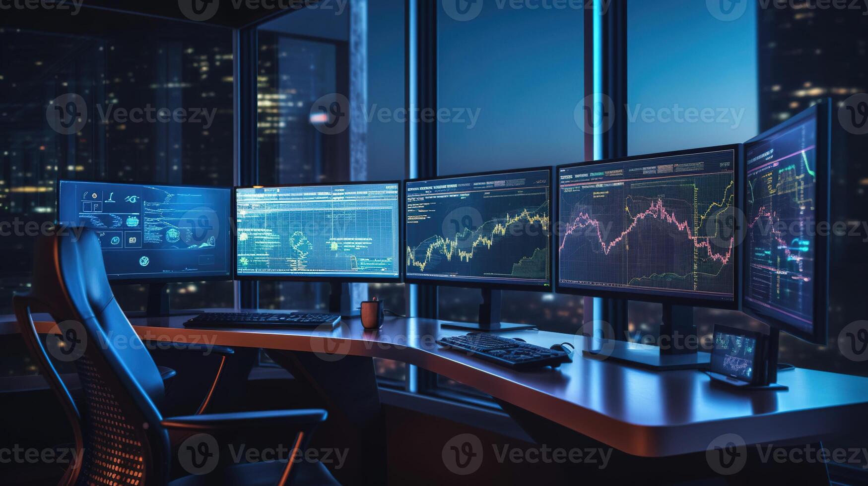 Empty Office Workplace with a Desk with Multiple Computer Screen ...