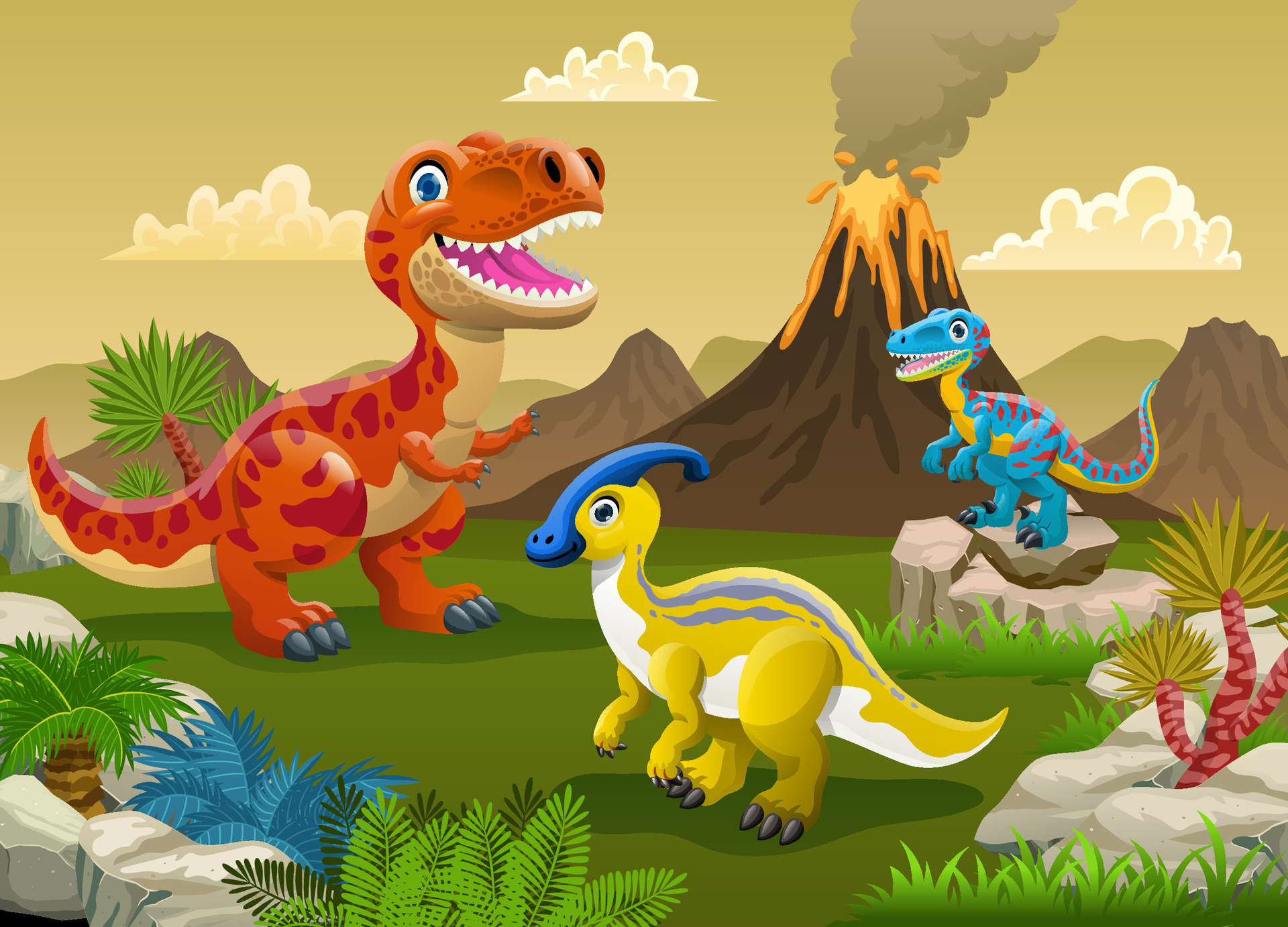 Happy Dinosaurs Prehistoric Landscape With Erupting Volcano 27175744 Vector Art At Vecteezy