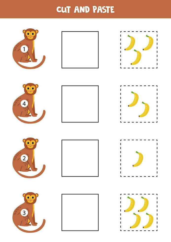Cut and paste cute bananas according to the numbers on monkeys ...