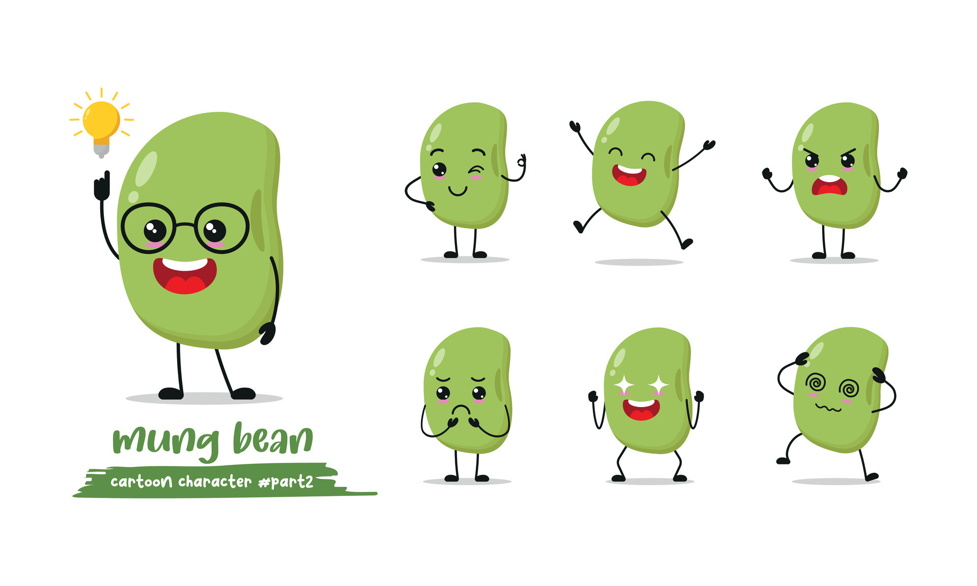 Mung Bean Cartoon With Many Expressions Different Bean Activity Vector Illustration Flat Design