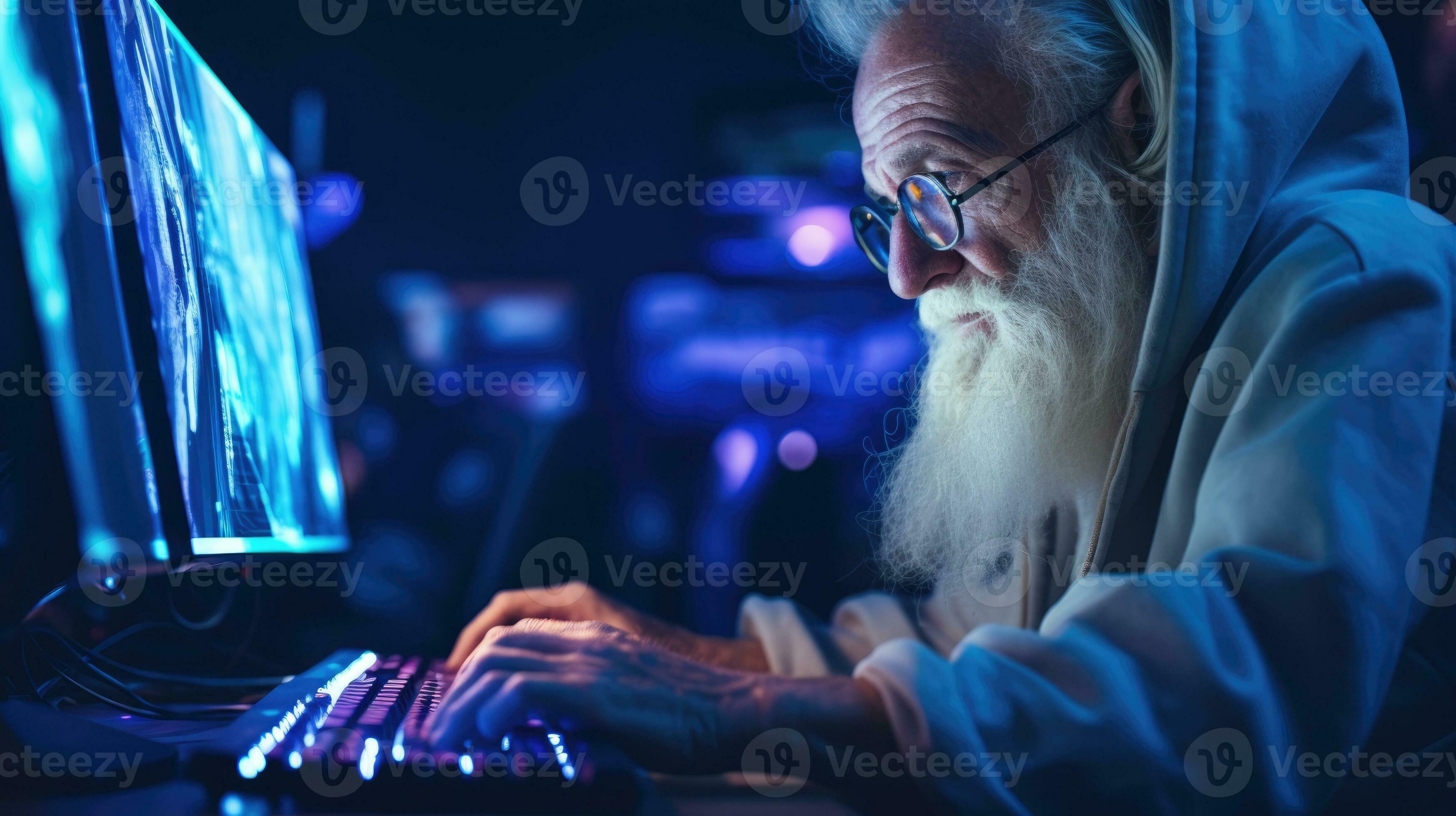 Old man playing on computer late at night in Modern computer club ...